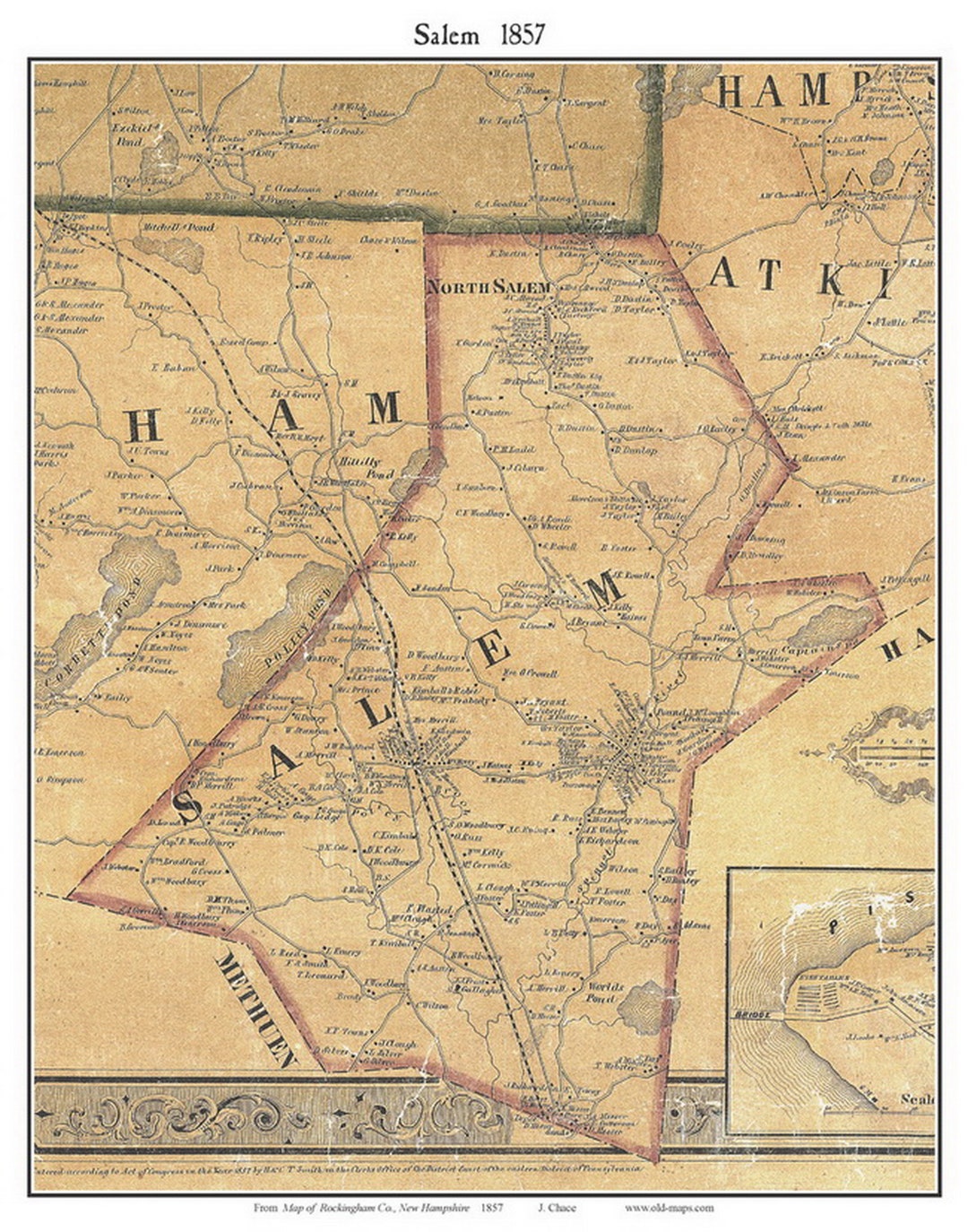 Salem 1857 Old Town Map With Homeowner Names New Hampshire - Reprint ...