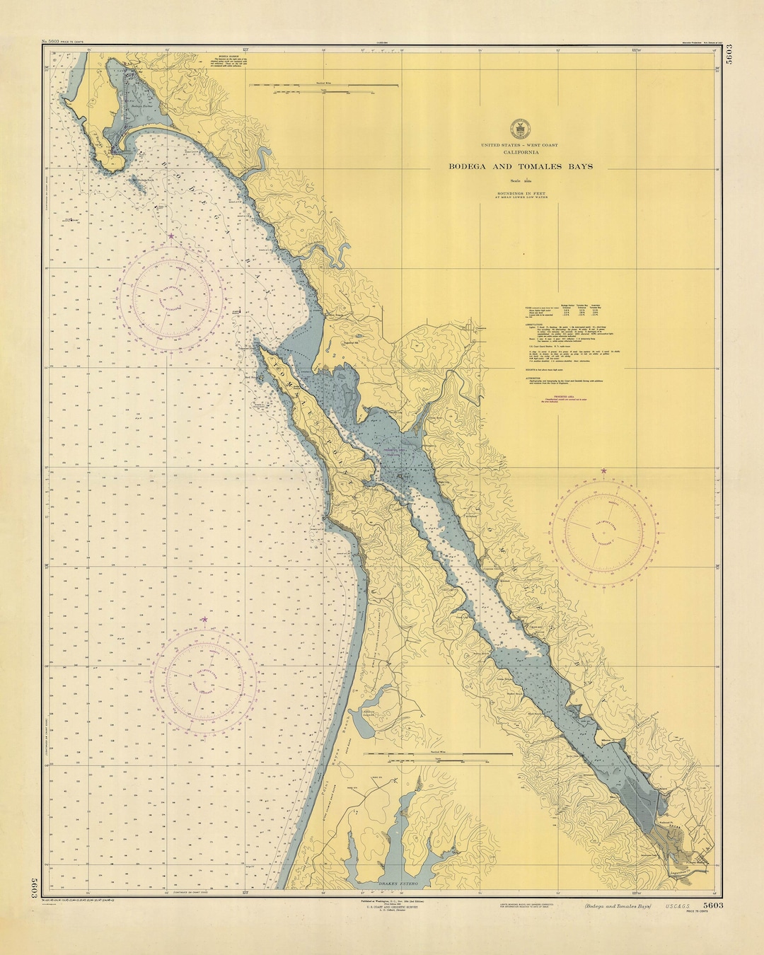 Bodega & Tomales Bay 1948 Nautical Map Dillon Beach Avalis Beach ...