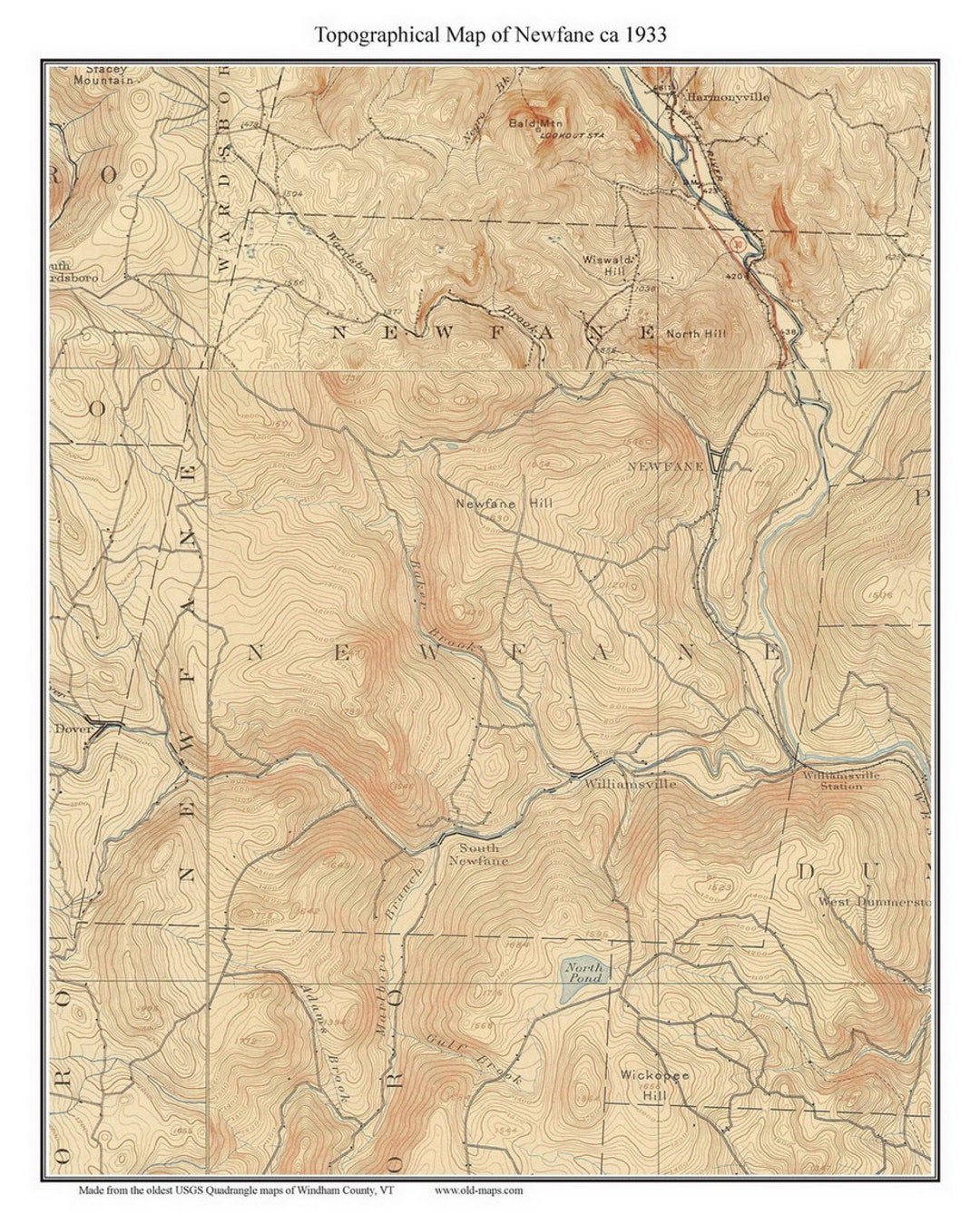 Newfane 1933 - Old USGS Town Map Composite Reprint Vermont - Windham Co ...