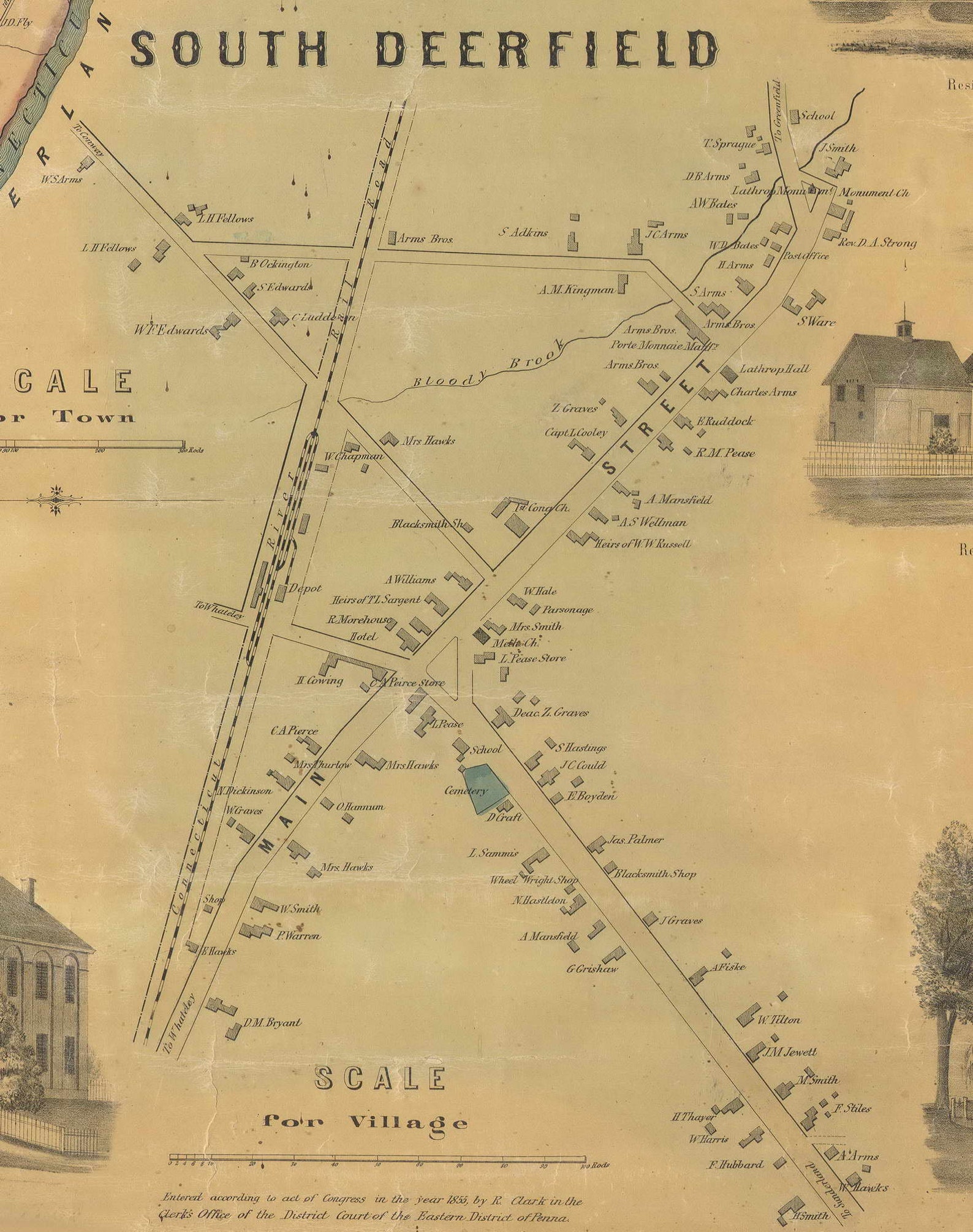 Deerfield Massachusetts 1855 Clark Old Town Map Reprint | Etsy