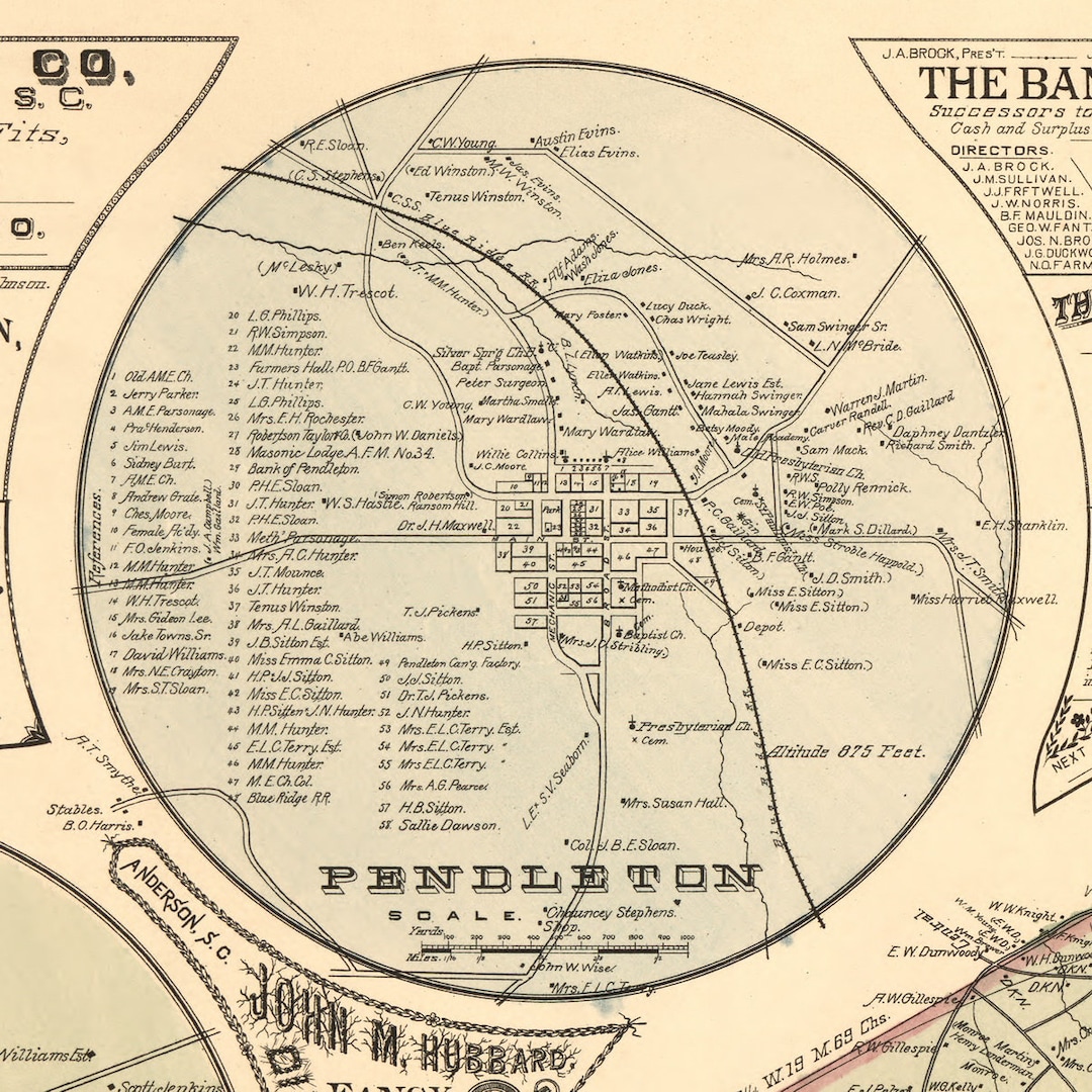 Pendleton Village 1897 Old Town Map With Homeowner Names South Carolina ...
