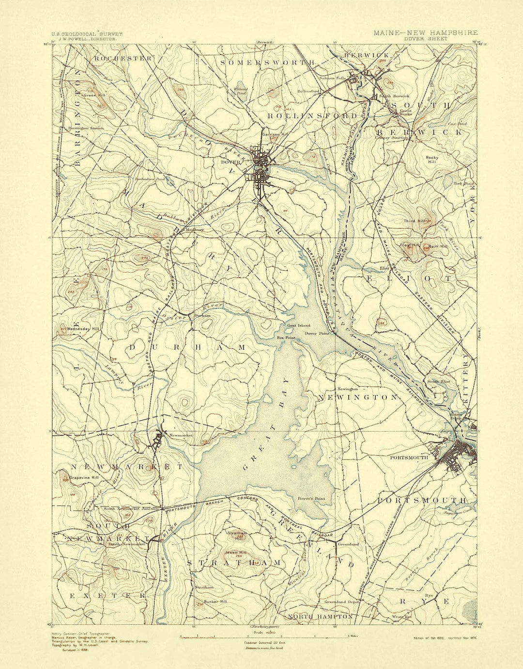 Dover 1893 (1898) ED Old Topo Map Great Bay Piscataqua River Portsmouth ...