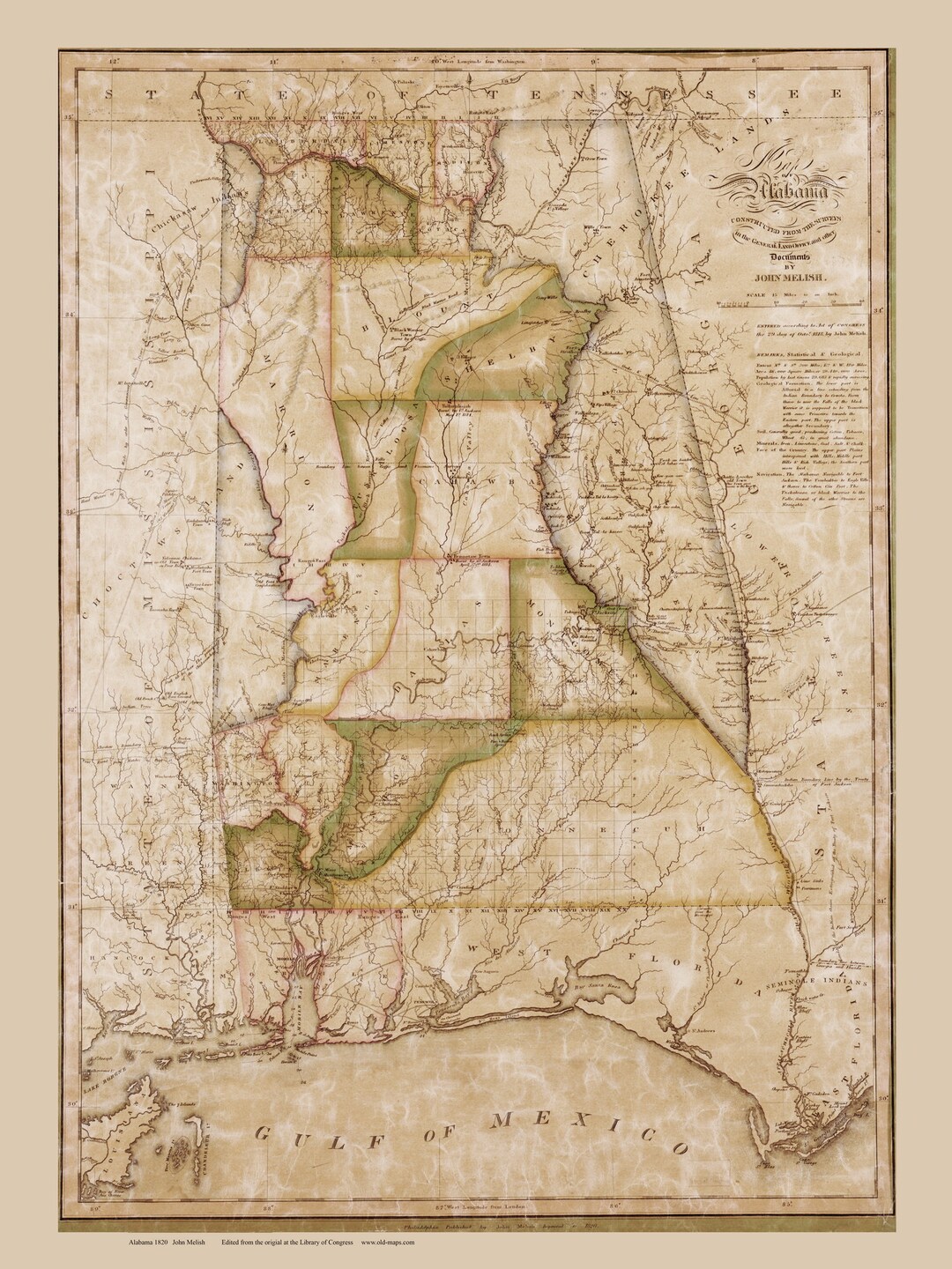 Alabama 1820 Old State Map Detailed Early Map War of 1812 Notes Reprint ...