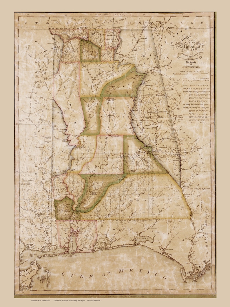 Alabama 1820 Old State Map Detailed Early Map War of 1812 | Etsy