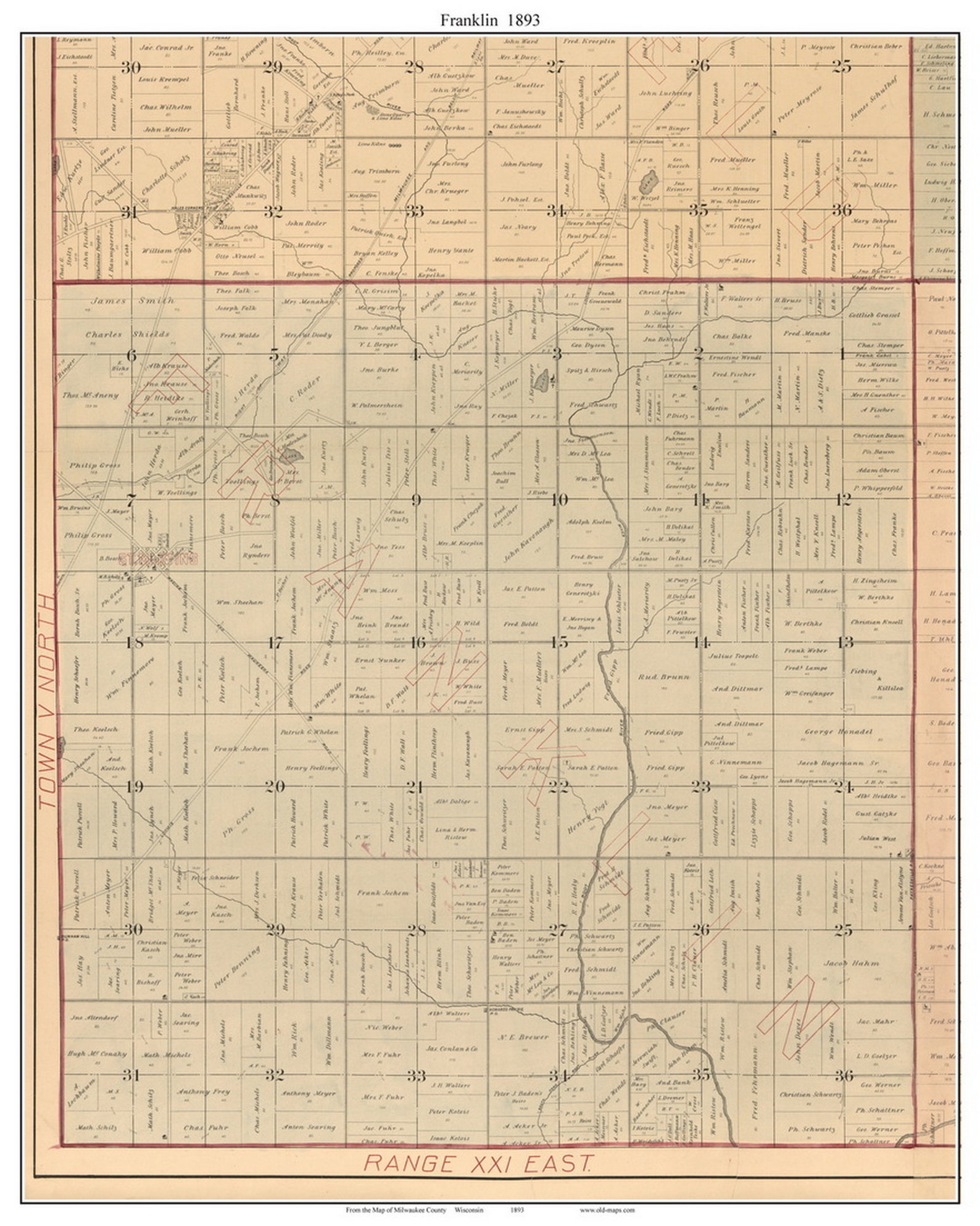 Franklin 1893 Old Town Map With Homeowner Names Wisconsin Reprint ...