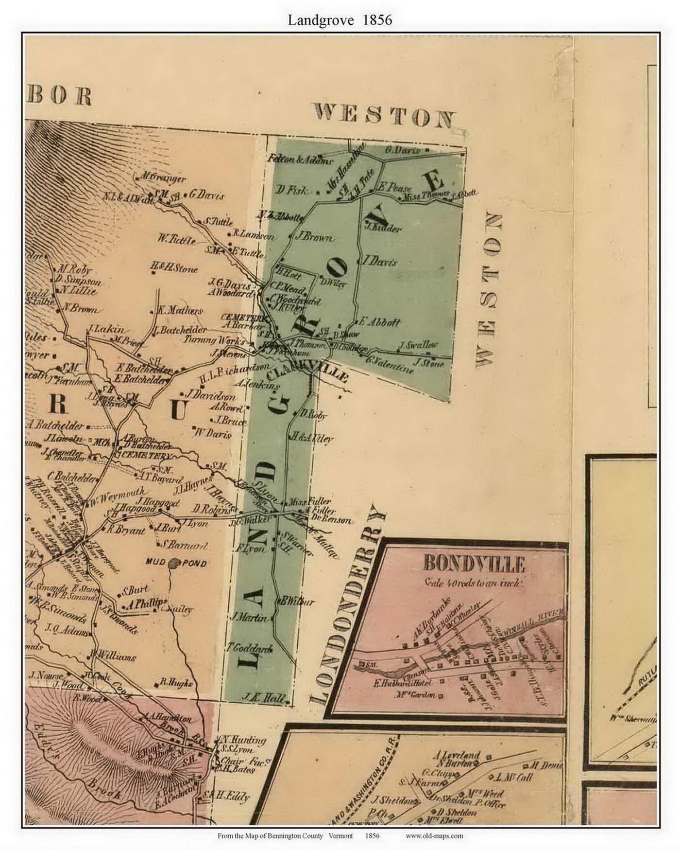 Landgrove 1856 Old Town Map With Homeowner Names - Vermont Bennington ...