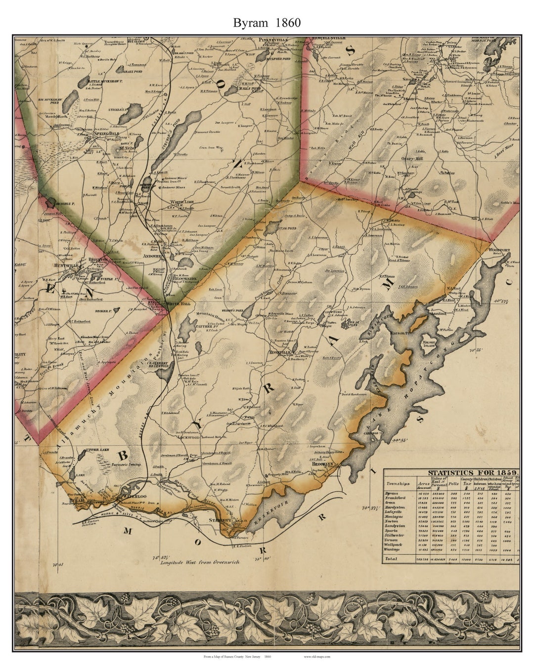 Byram 1860 Old Town Map With Homeowner Names Lake Hopatcong Allamuchy ...