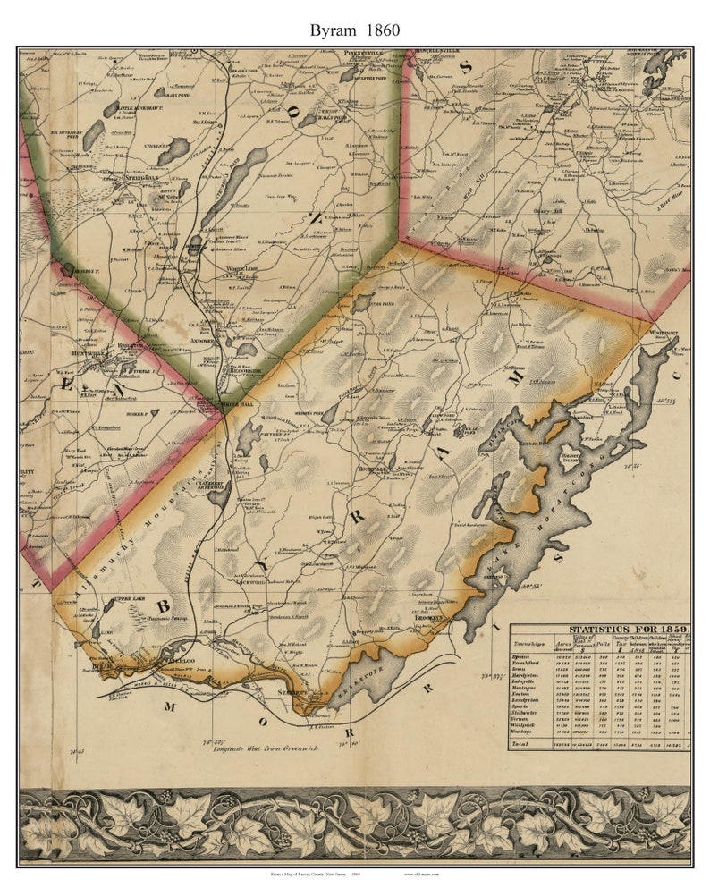 Byram 1860 Old Town Map With Homeowner Names Lake Hopatcong Allamuchy ...