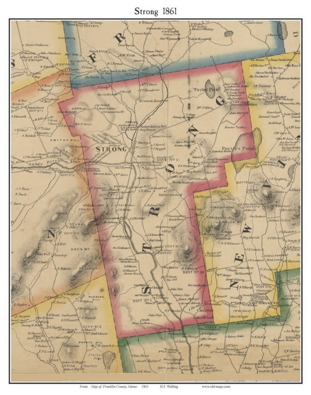 Strong 1861 Old Town Map With Homeowner Names Maine - Reprint Genealogy ...