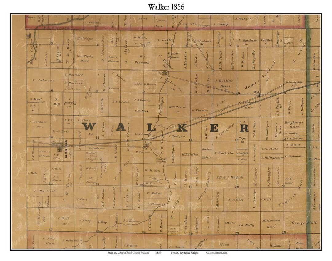 Walker 1856 Old Town Map With Homeowner Names Indiana Manilla Manille ...