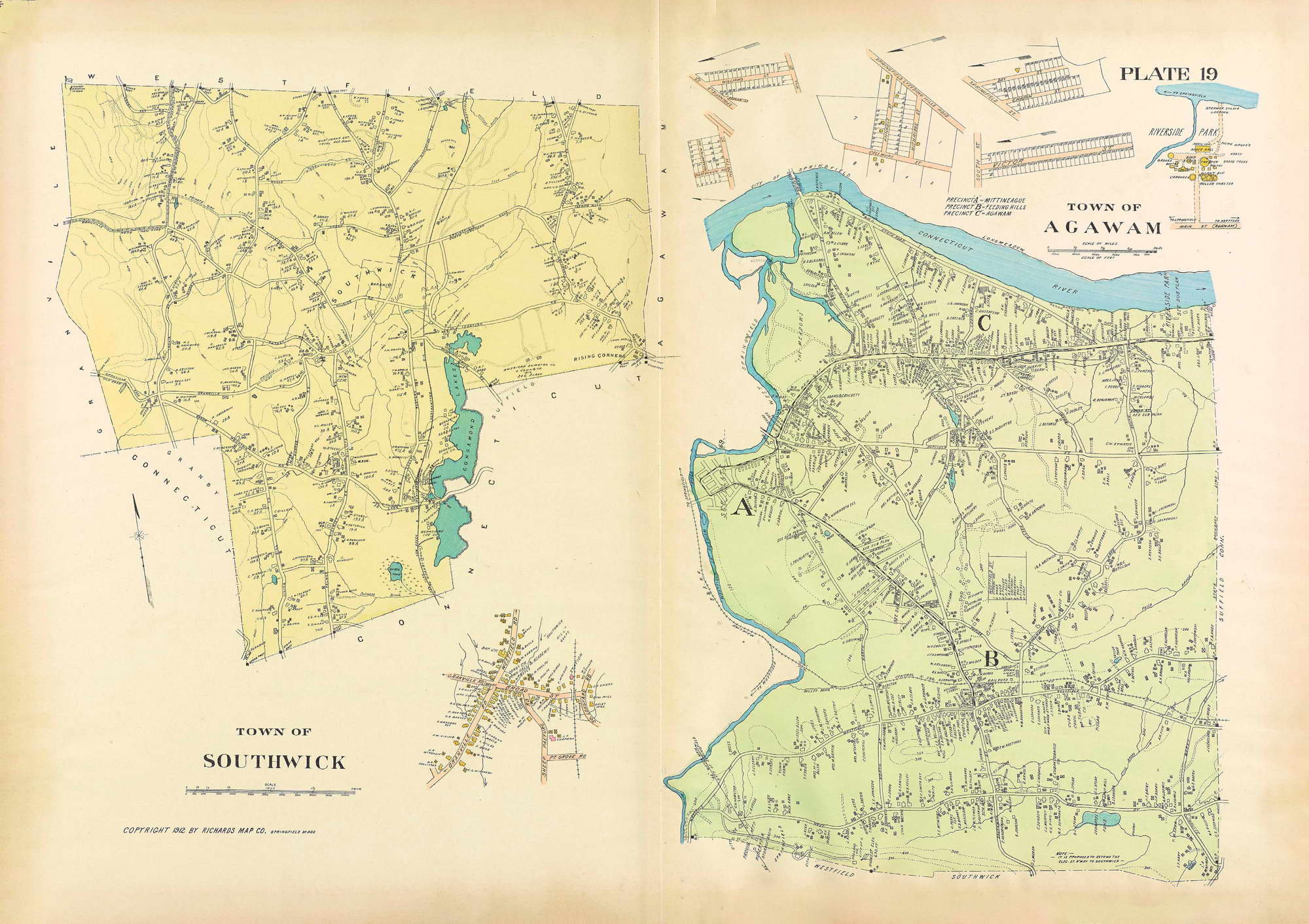 Southwick & Agawam 1912 Old Town Map Reprint, Hampden County ...