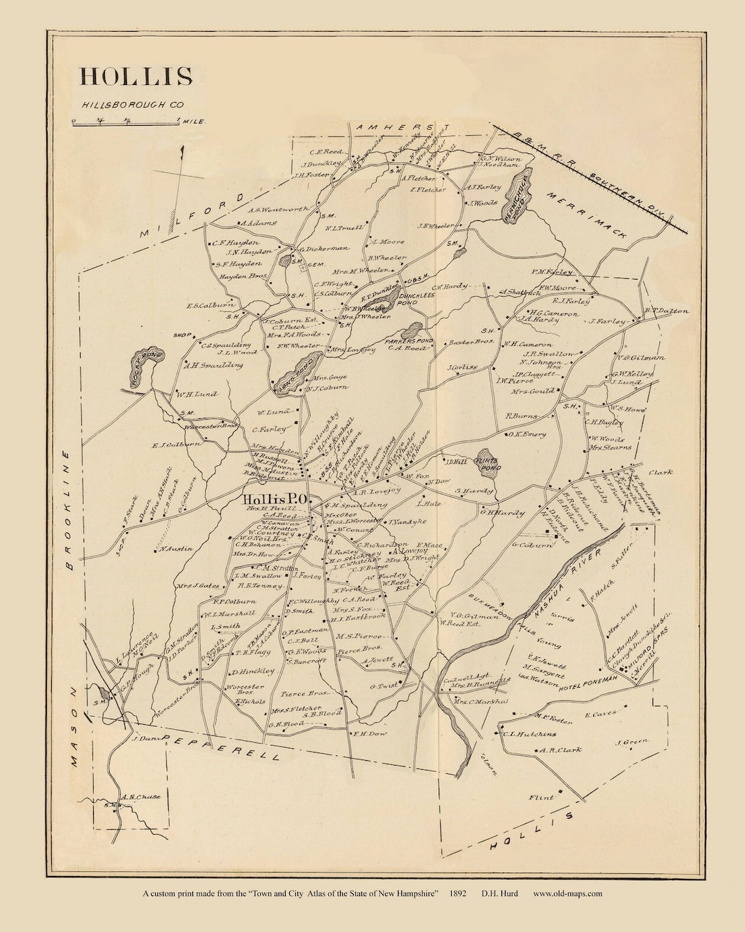Hollis, New Hampshire 1892 Old Town Map CUSTOM Reprint - Hurd State ...
