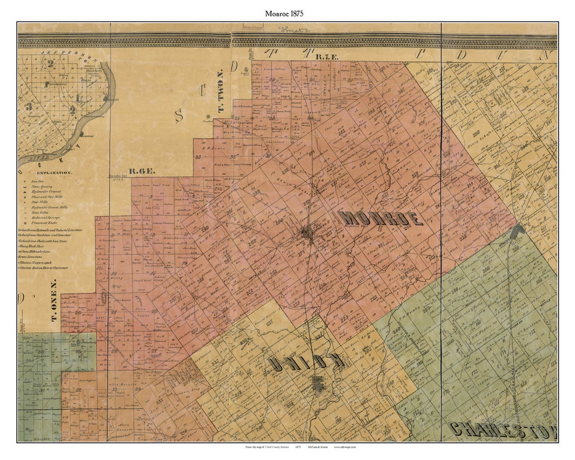 Monroe 1875 Old Town Map With Homeowner Names Indiana Henryville ...