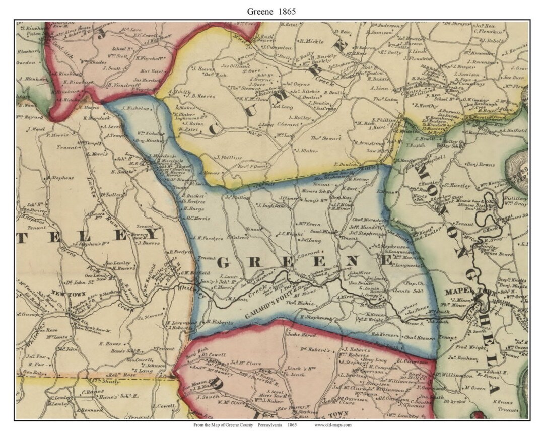 Greene 1865 Old Town Map Pennsylvania Reprint Genealogy Greene County ...