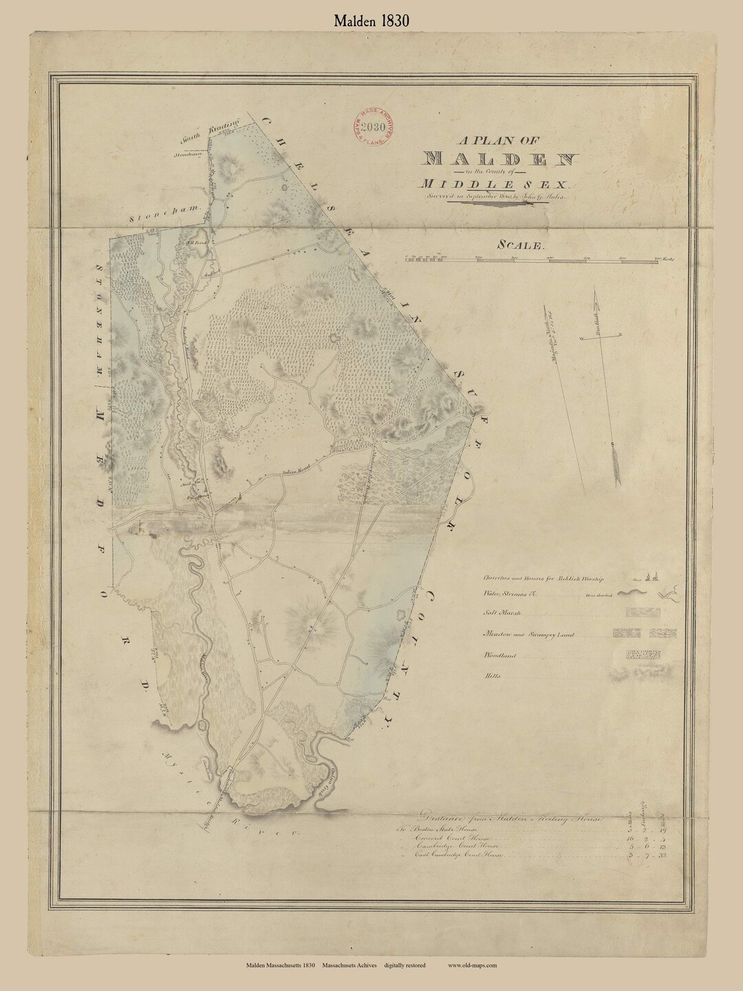 Malden 1830 Town Plan - Old Roads Map Reprint RESTORED Massachusetts ...