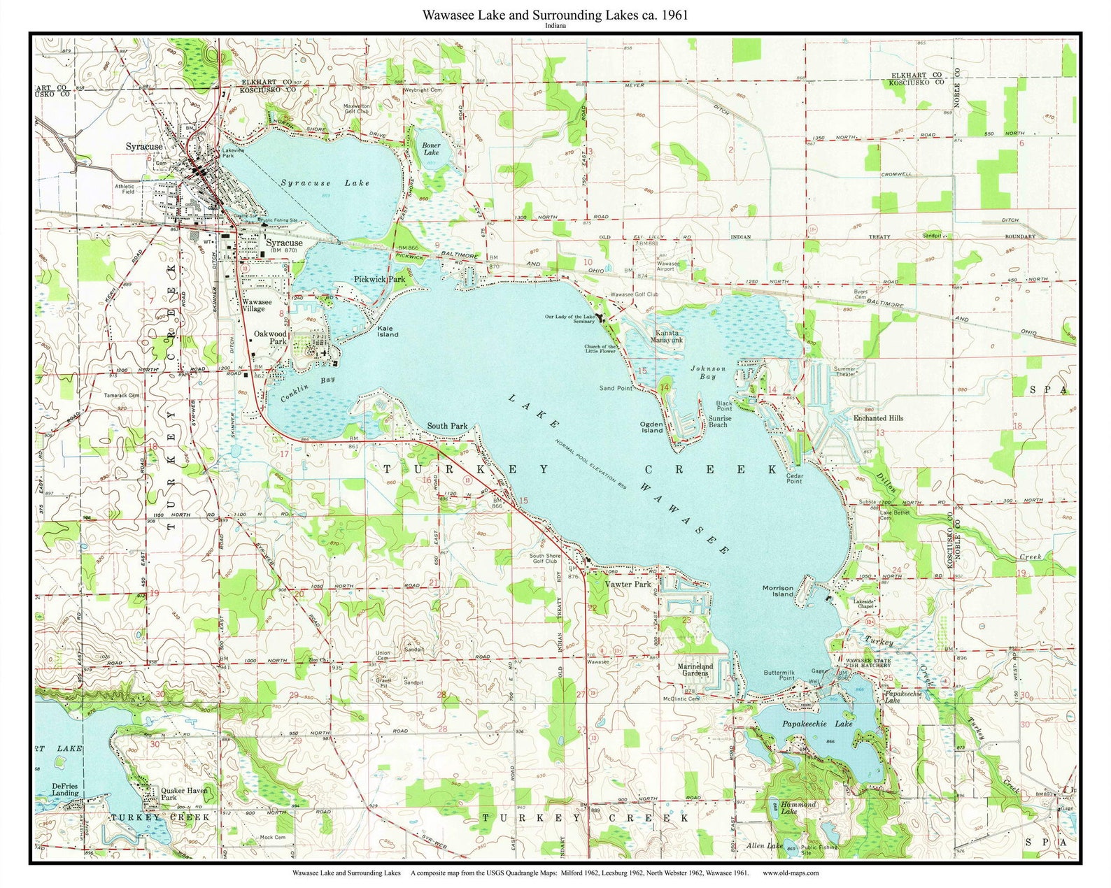 Wawasee Lake 1961 Old Topographic Map USGS Papakeechie Lake - Etsy