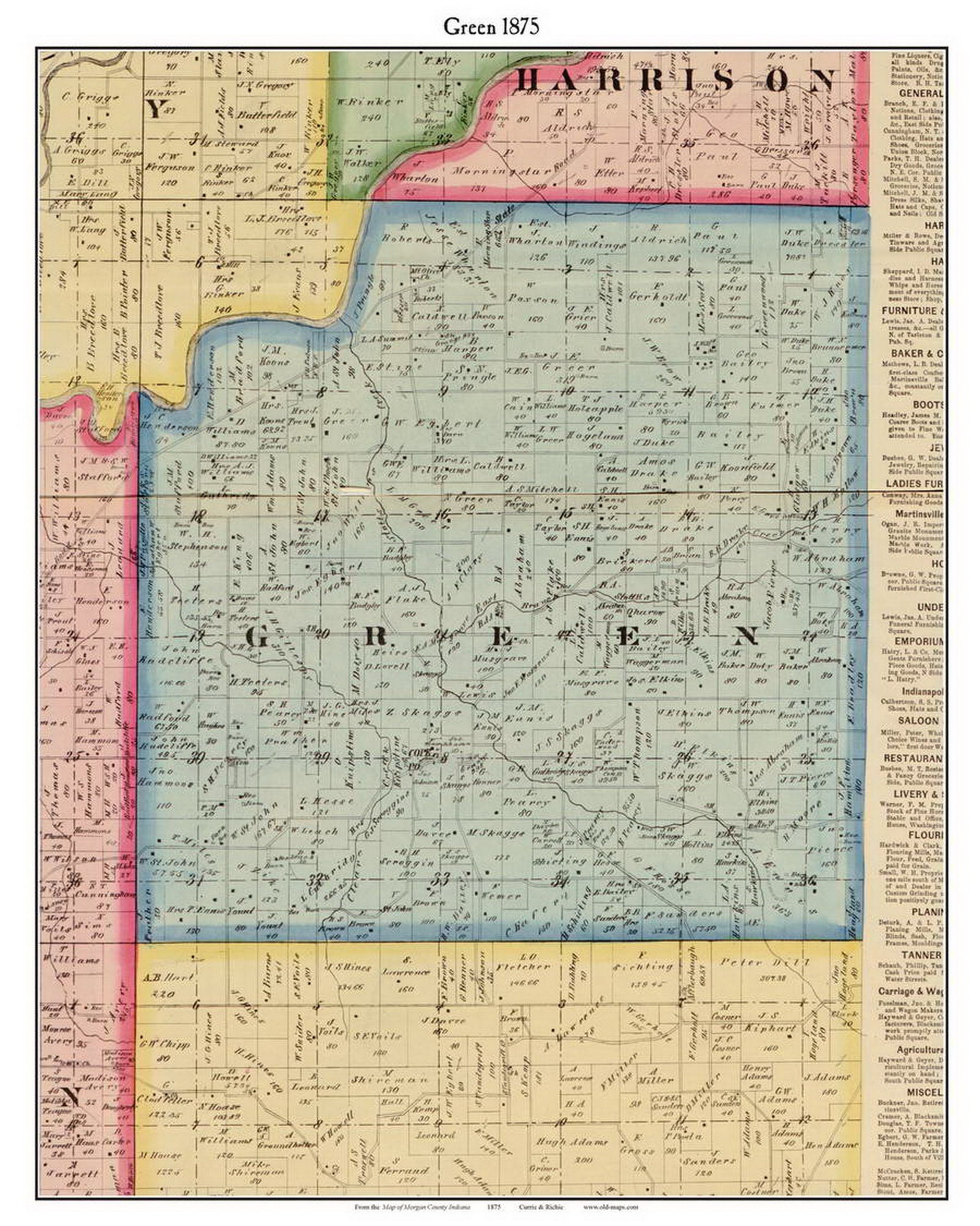 Green 1875 Old Town Map With Homeowner Names Indiana Reprint Genealogy ...
