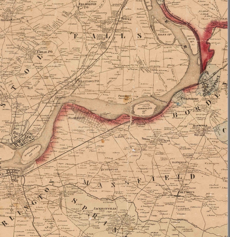 Bucks County PA 1860 (except NW Corner) - Wall Map With Homeowner Names ...