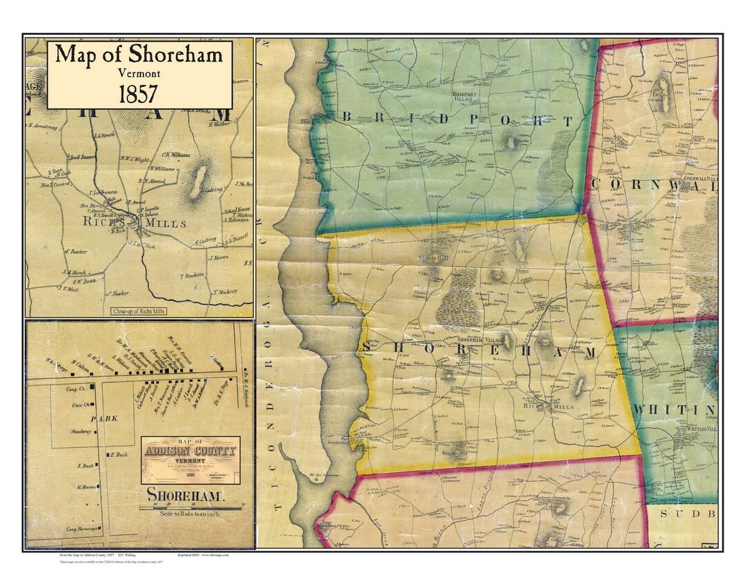 Shoreham 1857 Old Town Map With Homeowner Names Vermont Reprint Addison ...