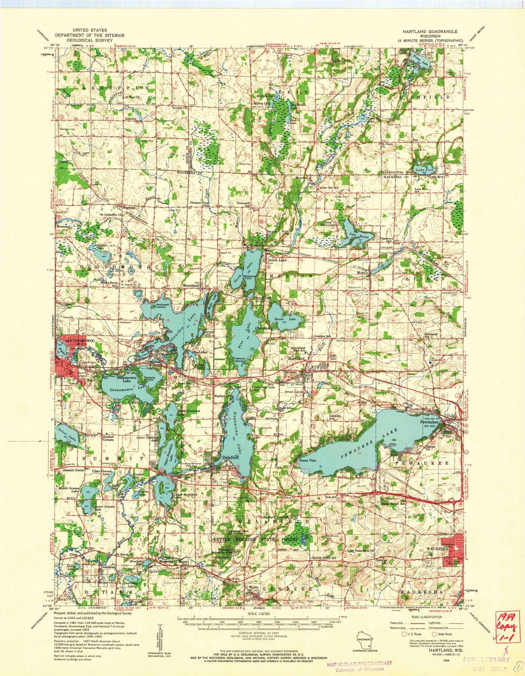 Hartland 1959 (1961) Old Topo Map - Pewaukee Lake - Okauchee Lake ...