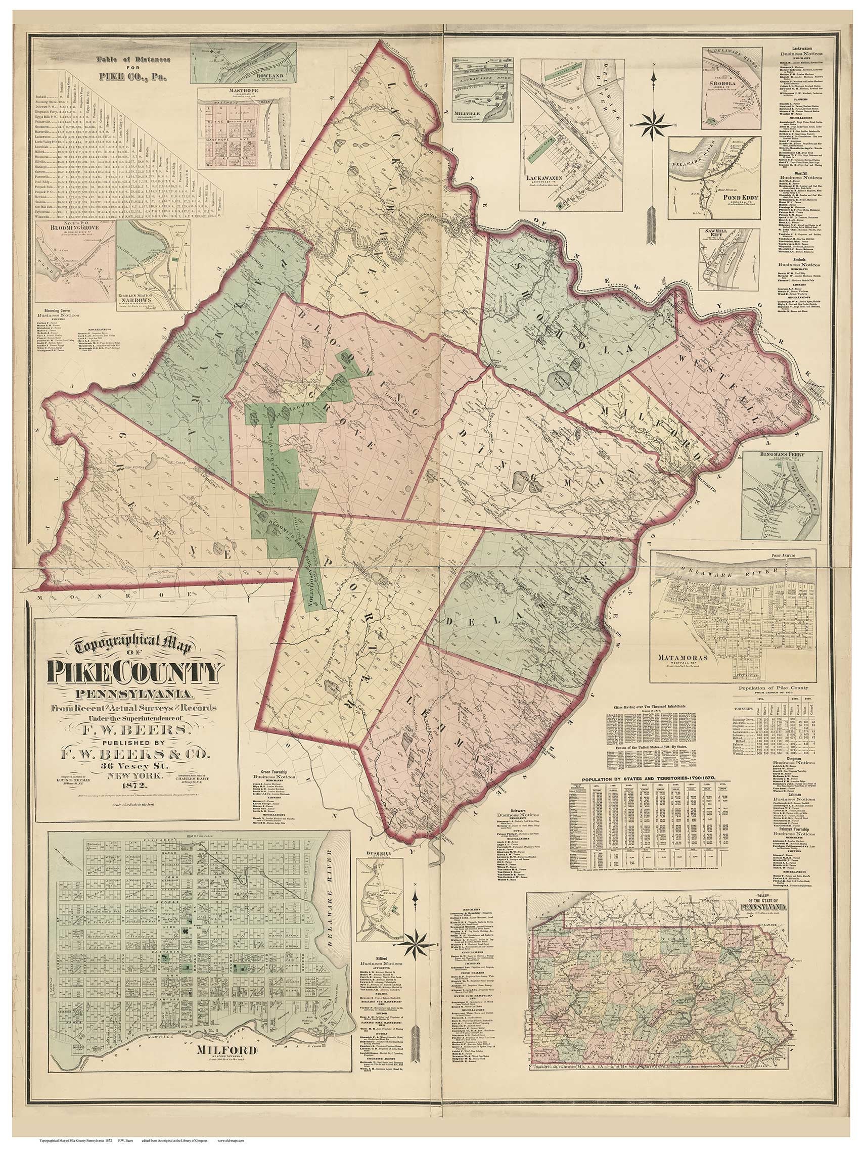 Pike County Pennsylvania 1872 Wall Map with Homeowner | Etsy