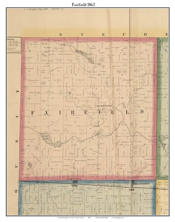 Fairfield 1863 Old Town Map With Homeowner Names Indiana | Etsy