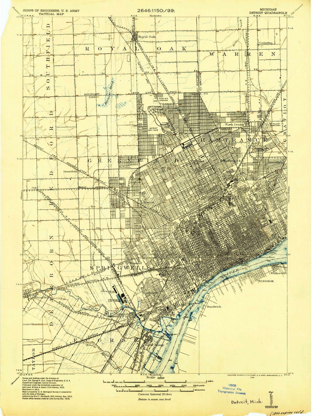 Detroit 1934 Old Topo Map - Dearborn - Royal Oak - Quad Reprint 15x15 ...