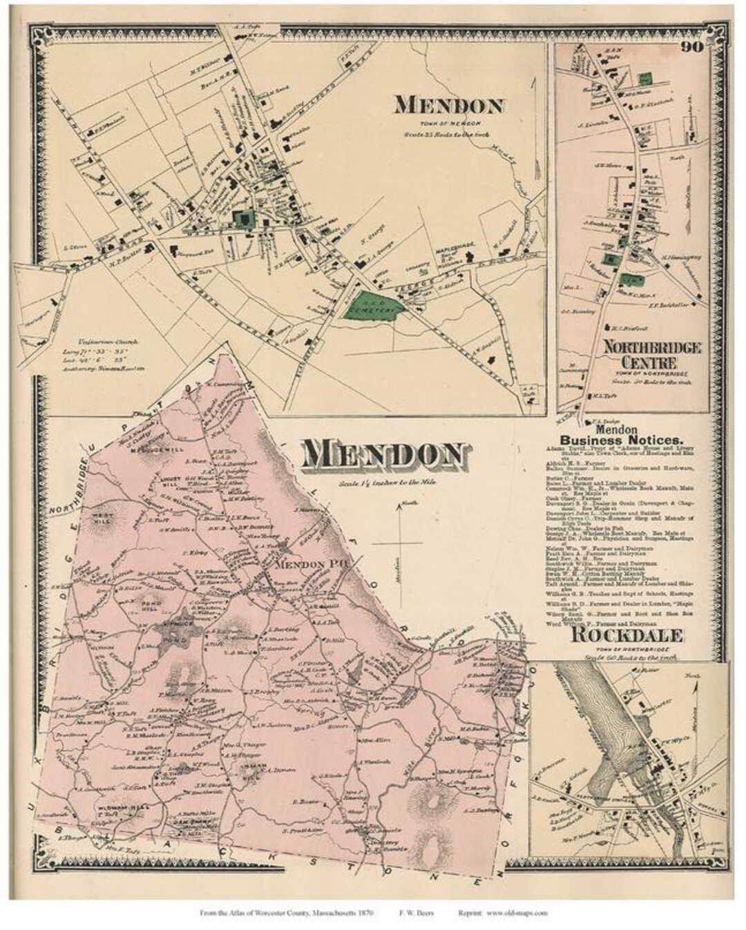 Mendon 1870 Rockdale Northbridge Center Old Town Map With - Etsy