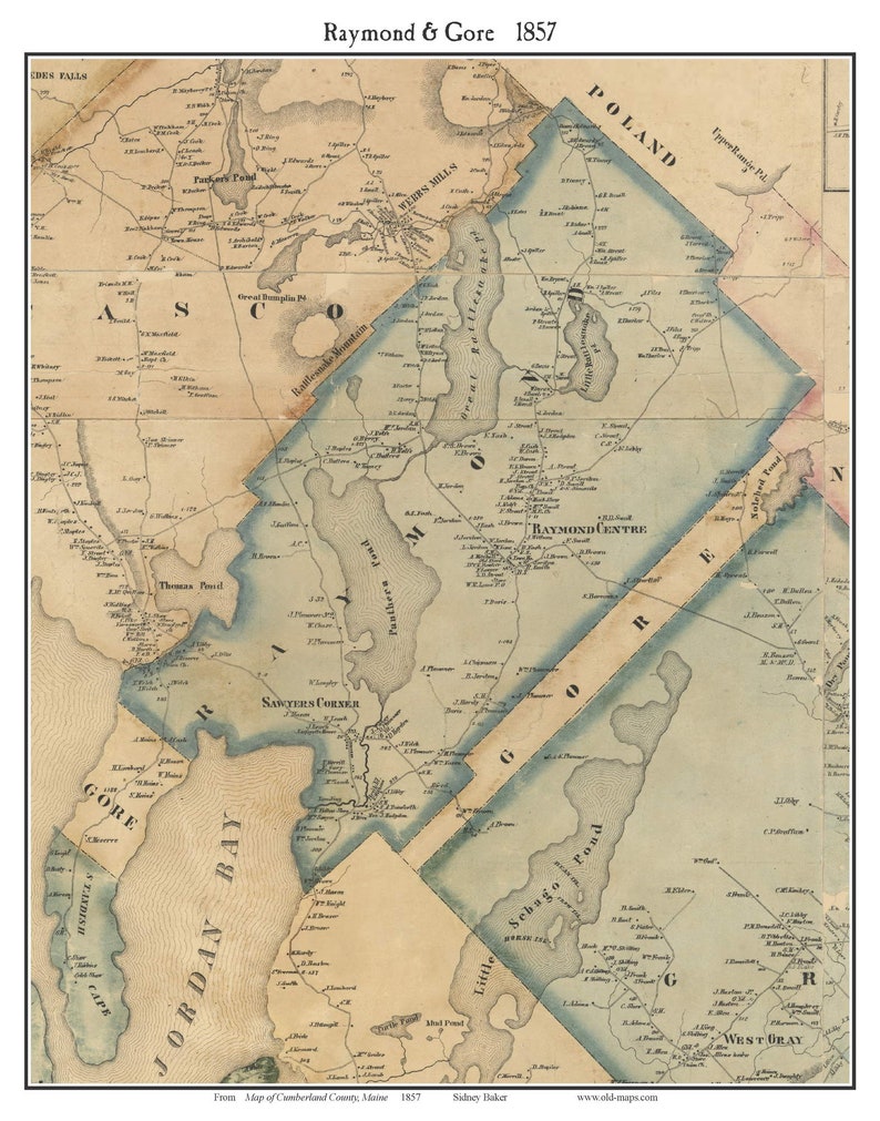 Raymond 1857 Old Town Map With Homeowner Names Maine - Panther Pond ...