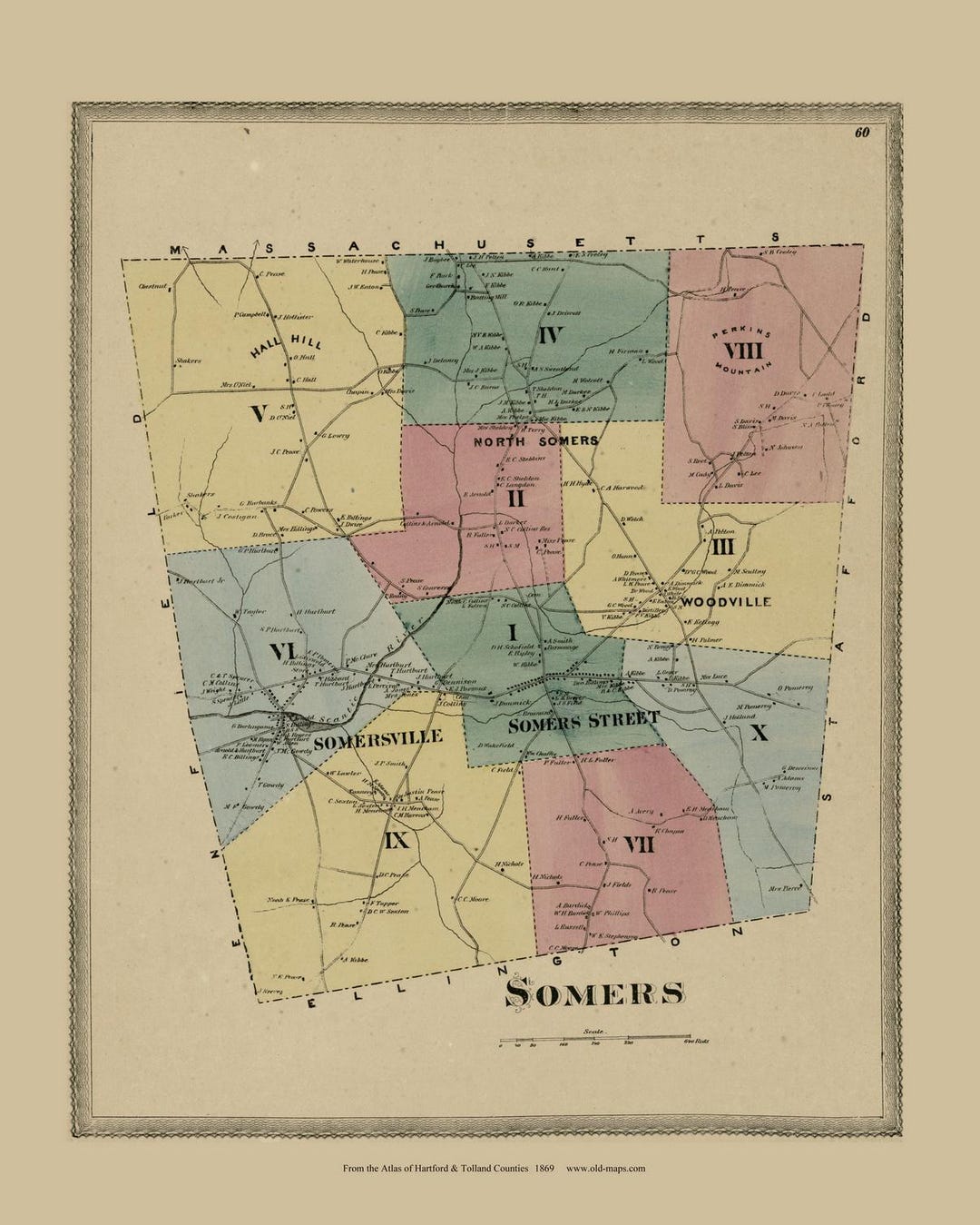 Somers 1869 Old Town Map With Homeowner Names Connecticut - Reprint ...