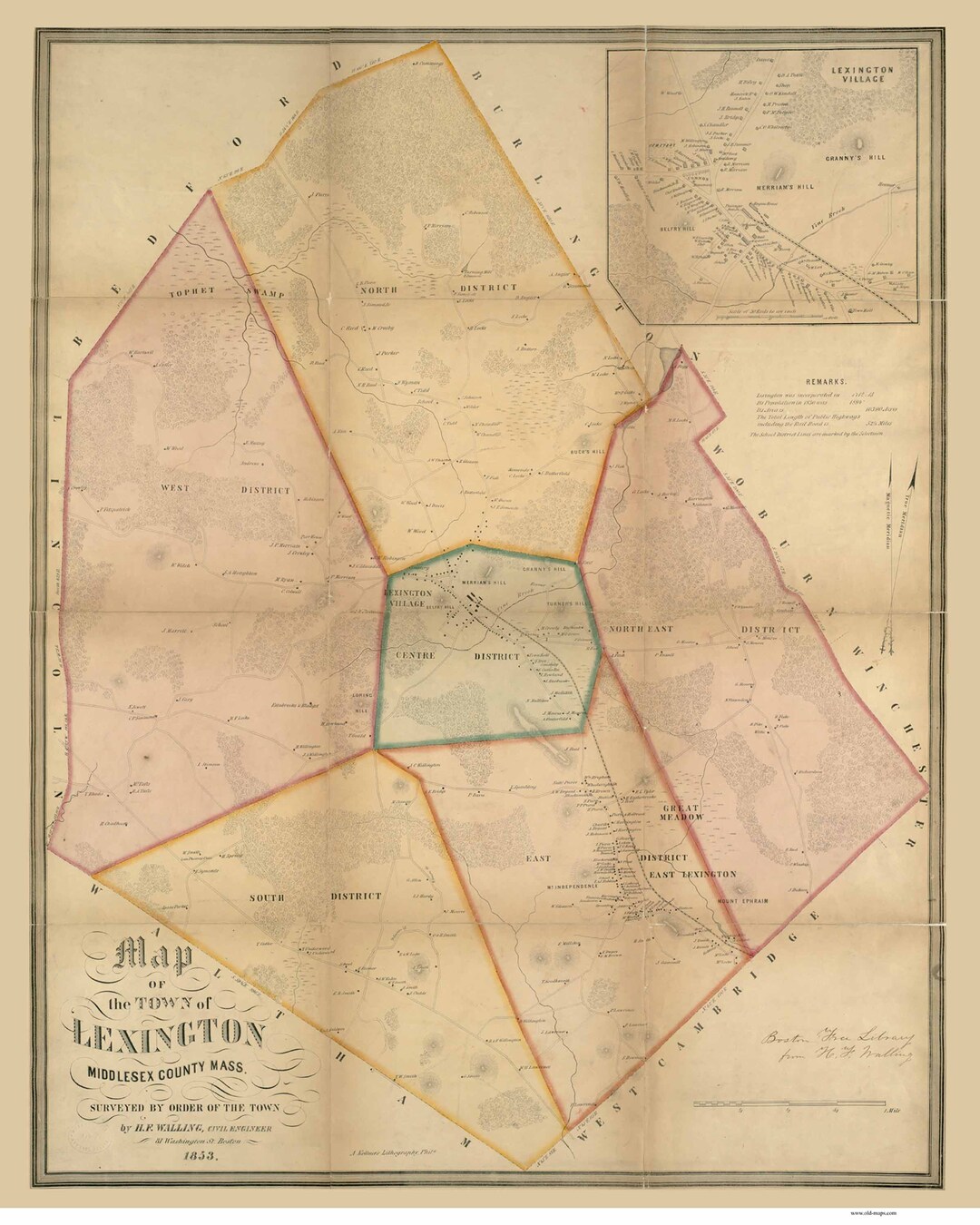 Lexington 1853 - Old Town Map - Homeowner Names Massachusetts ...