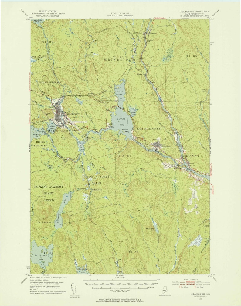Millinocket 1951 1953 Old Topo Map Dolby Pond Medway - Etsy