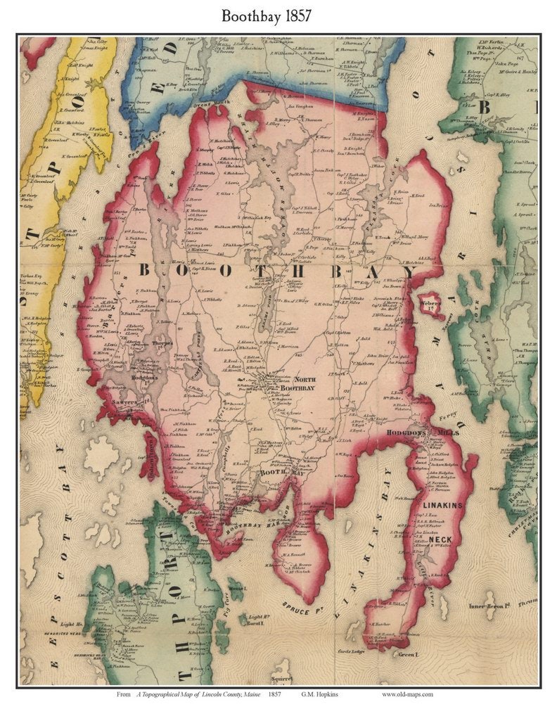 Boothbay 1857 Old Town Map With Homeowner Names Maine Linekin Bay ...