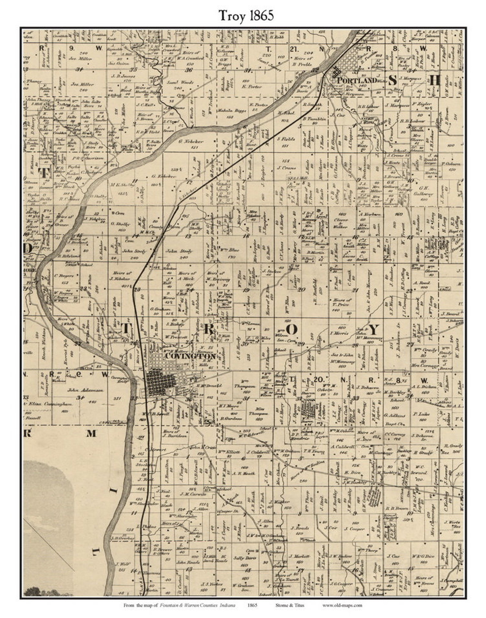 Troy 1865 Old Town Map With Homeowner Names Indiana Covington Reprint ...