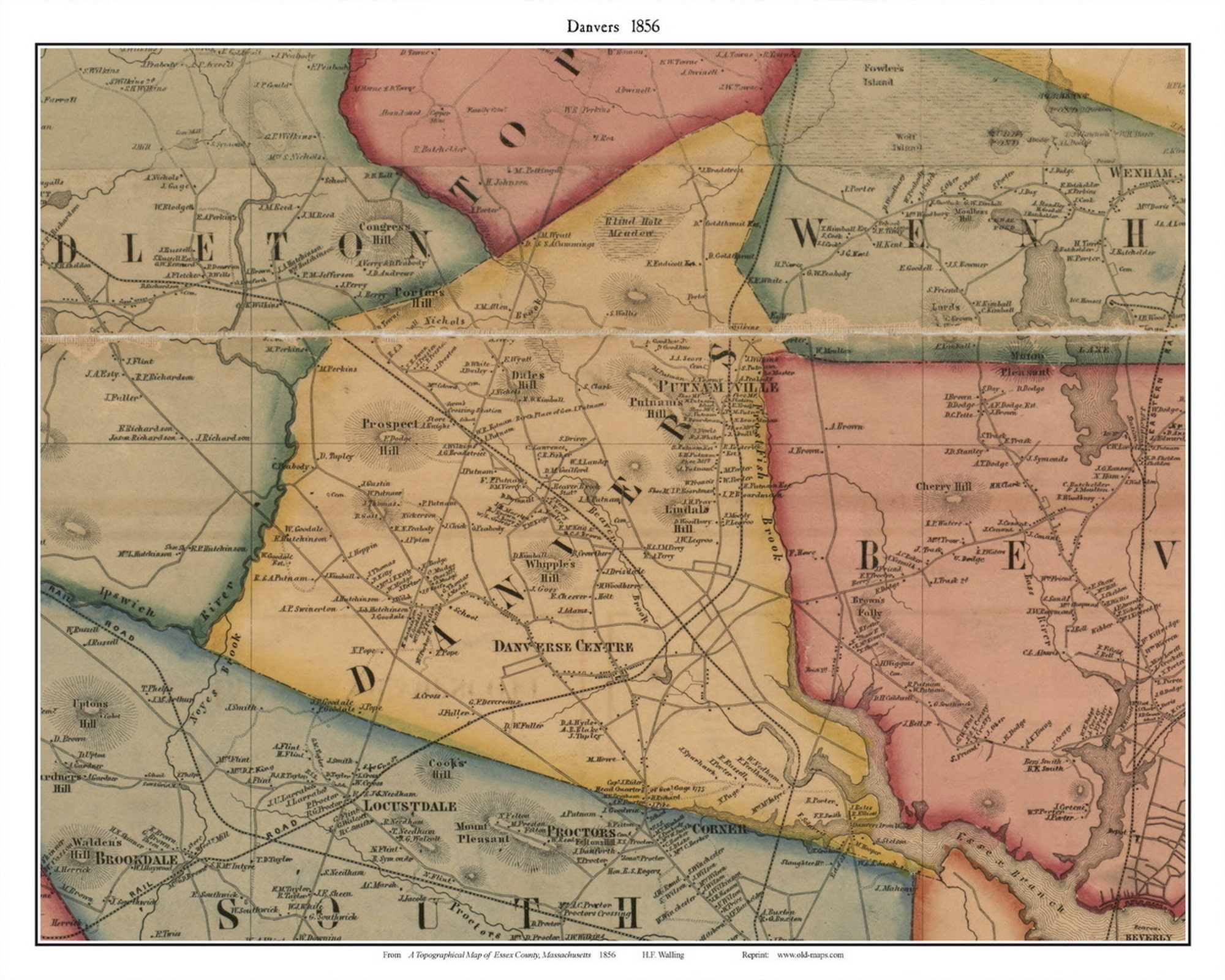 Danvers Massachusetts 1856 Old Town Map With Homeowner Names - Reprint ...