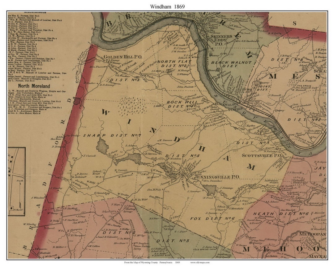 Windham 1869 Old Map Homeowner Names Golden Hill Jenningsville ...