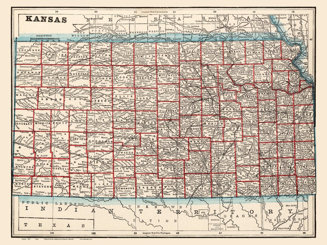 Kansas 1893 - State Map Cram - Old Map Reprint - Etsy