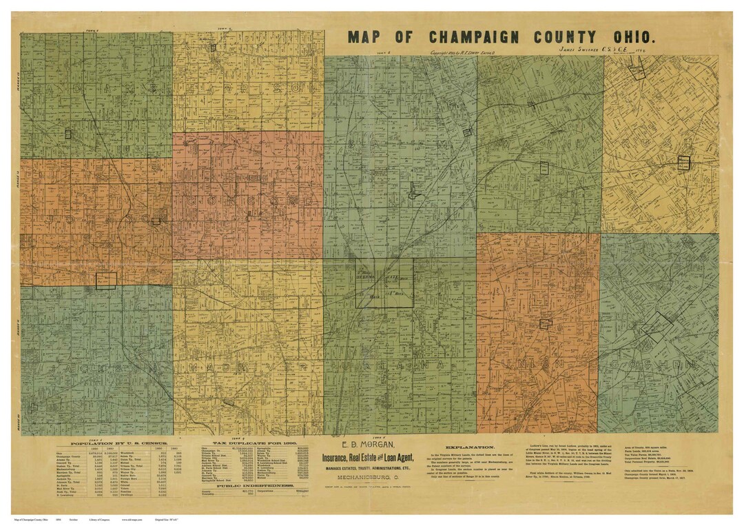 Champaign County Ohio 1894 - Old Wall Map Reprint With Homeowner Names - Farm Lines - Etsy