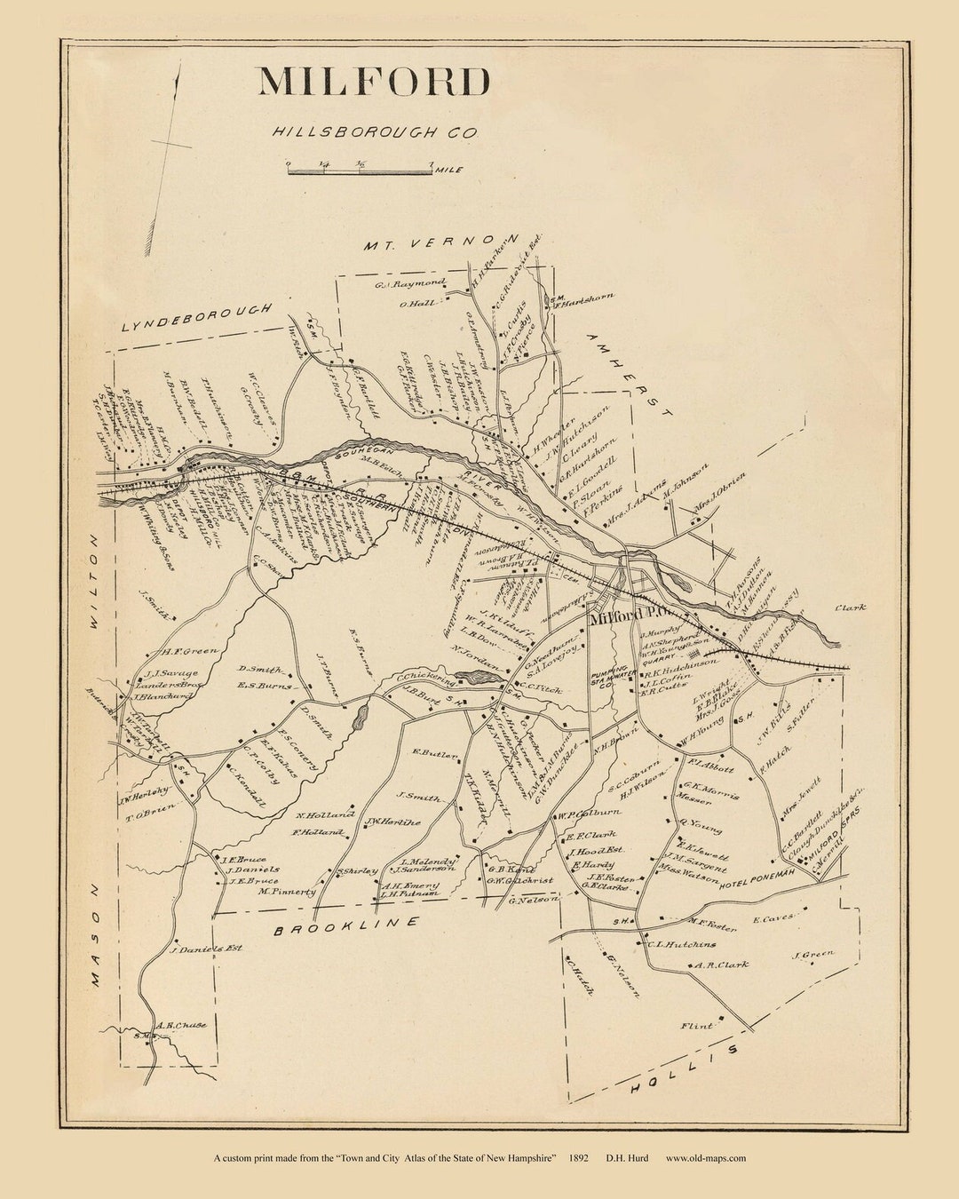 Milford, New Hampshire 1892 Old Town Map CUSTOM Reprint - Hurd State ...