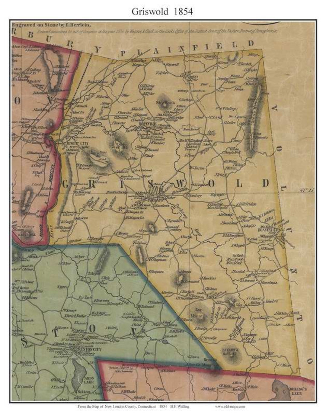 Griswold Connecticut 1854 Old Town Map With Homeowner Names - Reprint ...