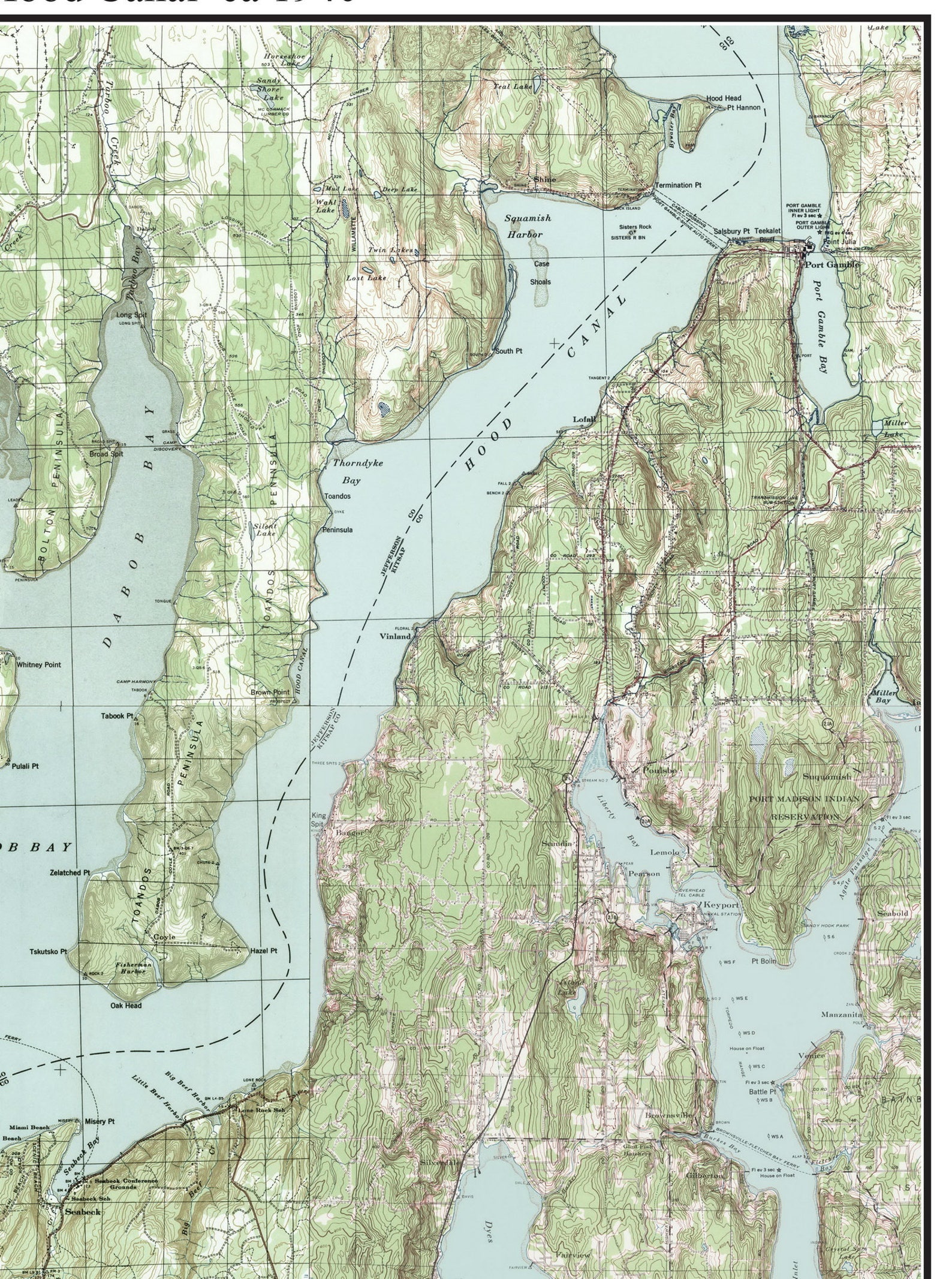Hood Canal Ca. 1940 USGS Old Topographic Map Custom | Etsy