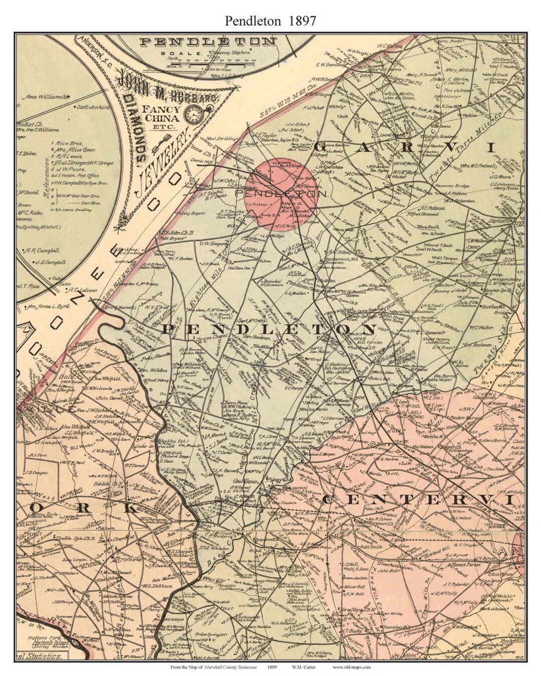 Pendleton 1897 Old Town Map With Homeowner Names South Carolina ...