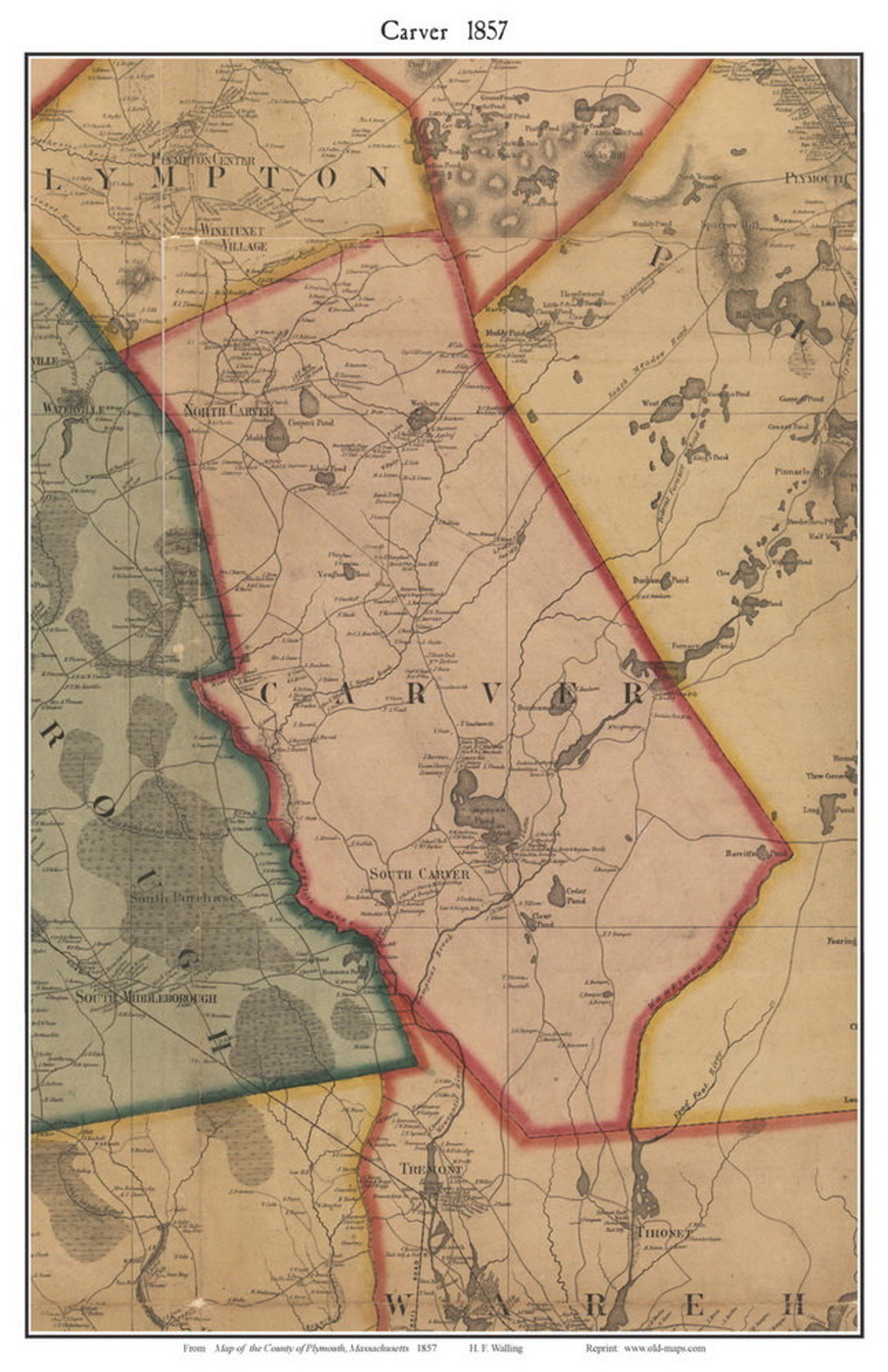 Carver 1857 Old Town Map With Homeowner Names Massachusetts | Etsy