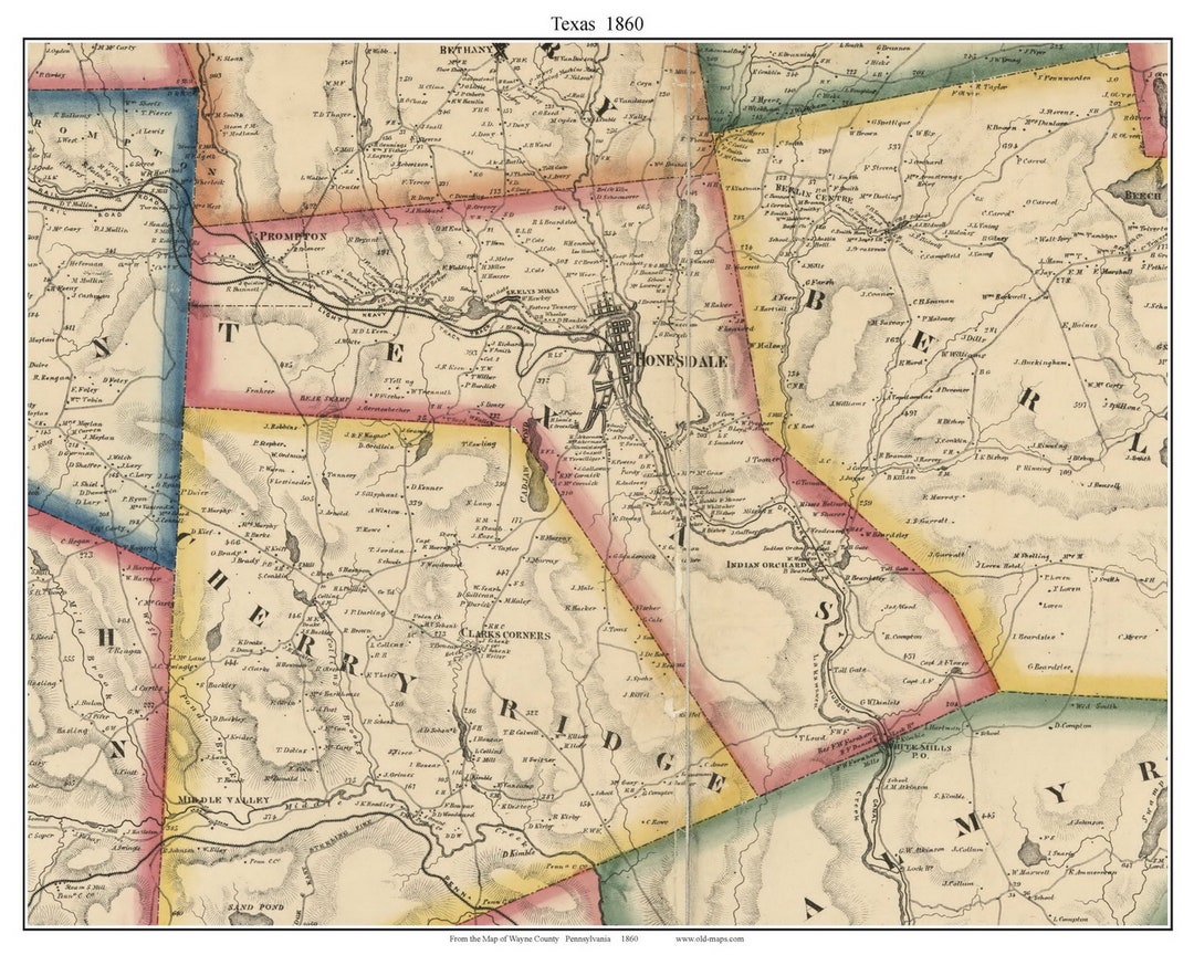Texas 1860 Old Map Homeowner Names Honesdale Prompton Indian Orchard ...