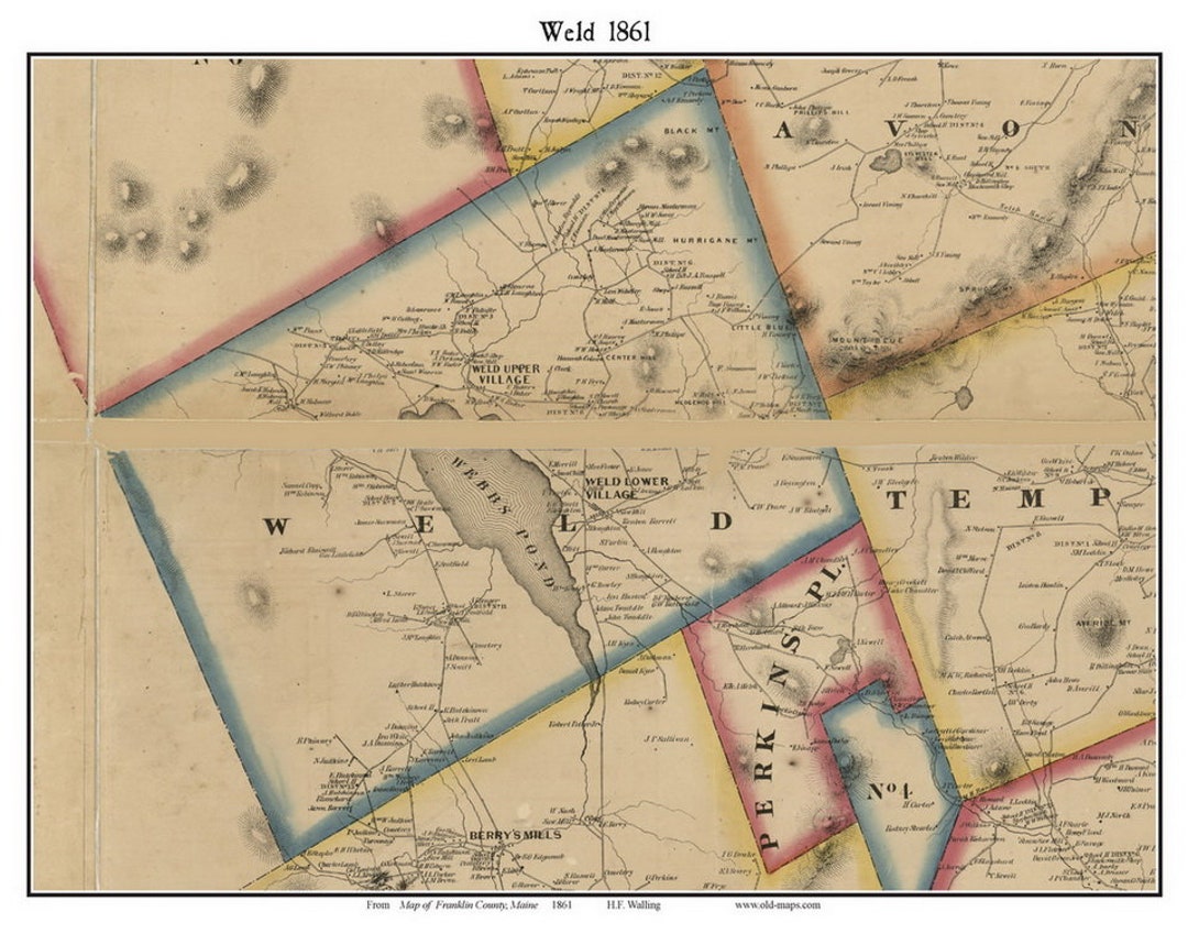 Weld 1861 Old Town Map With Homeowner Names Maine Webbs Pond- Reprint ...