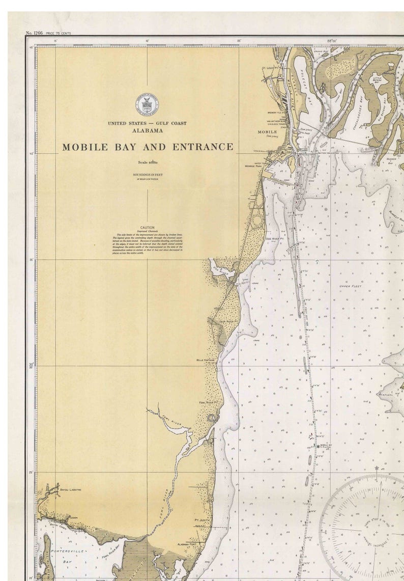 Mobile Bay 1933 Nautical Old Map Reprint - Alabama - Fairhope Bon ...