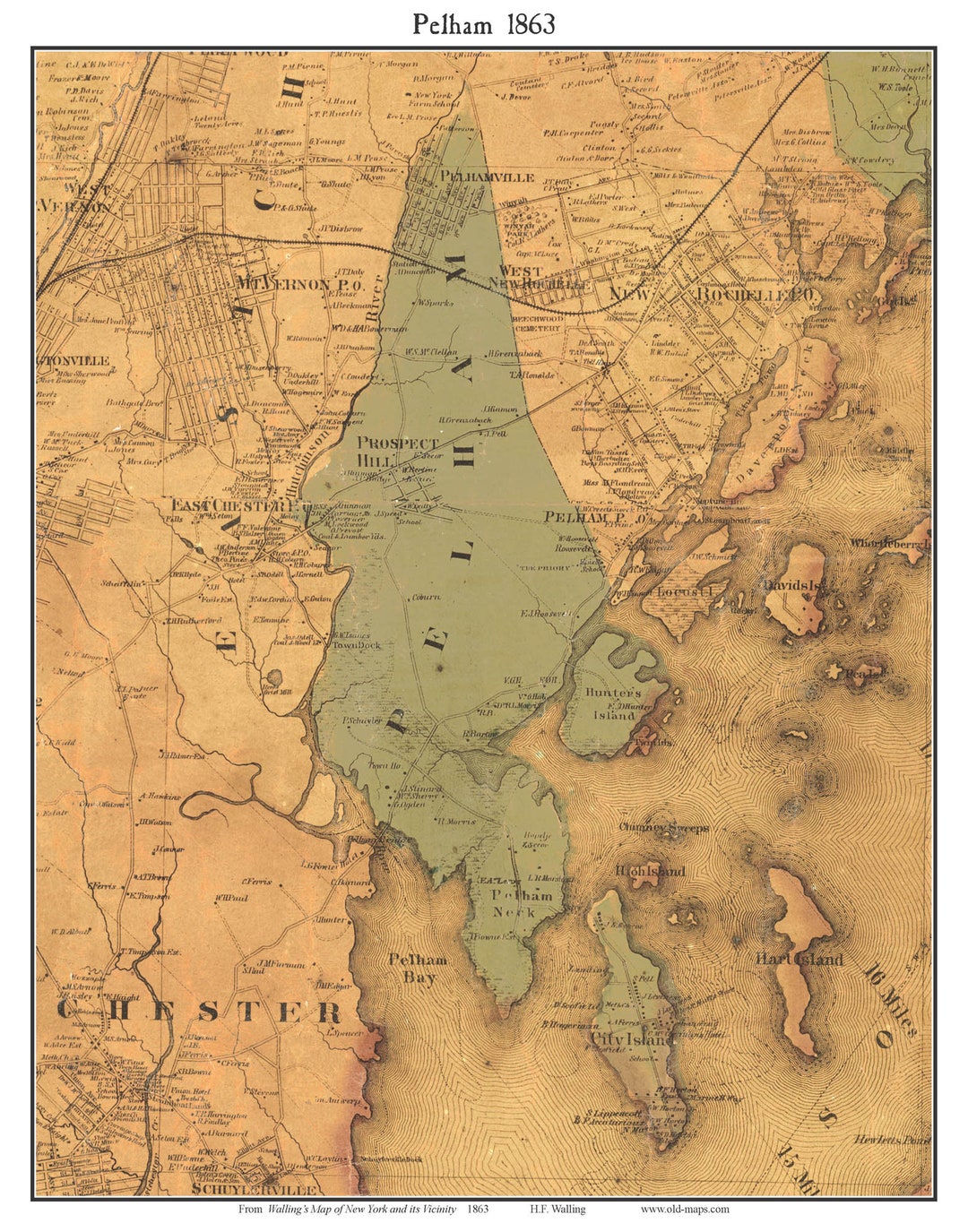 Pelham 1863 Old Town Map - With Homeowner Names New York Reprint ...