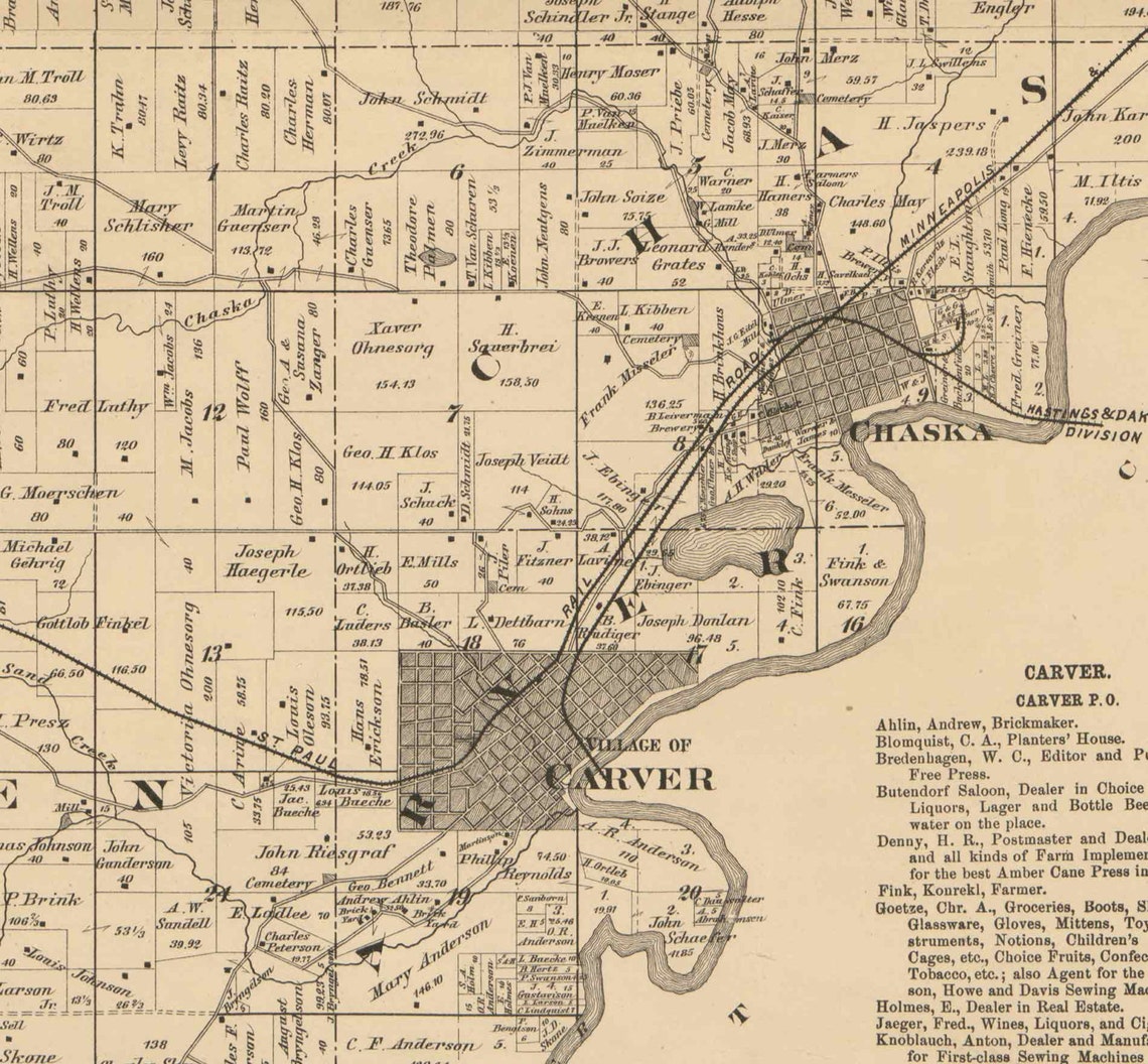 Carver County Minnesota 1880 Old Wall Map Reprint With | Etsy