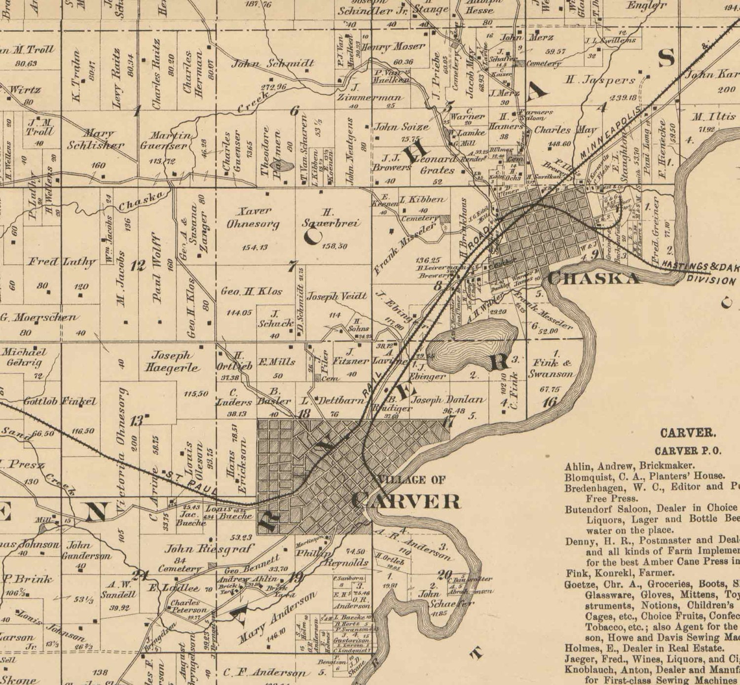 Carver County Minnesota 1880 Old Wall Map Reprint With | Etsy