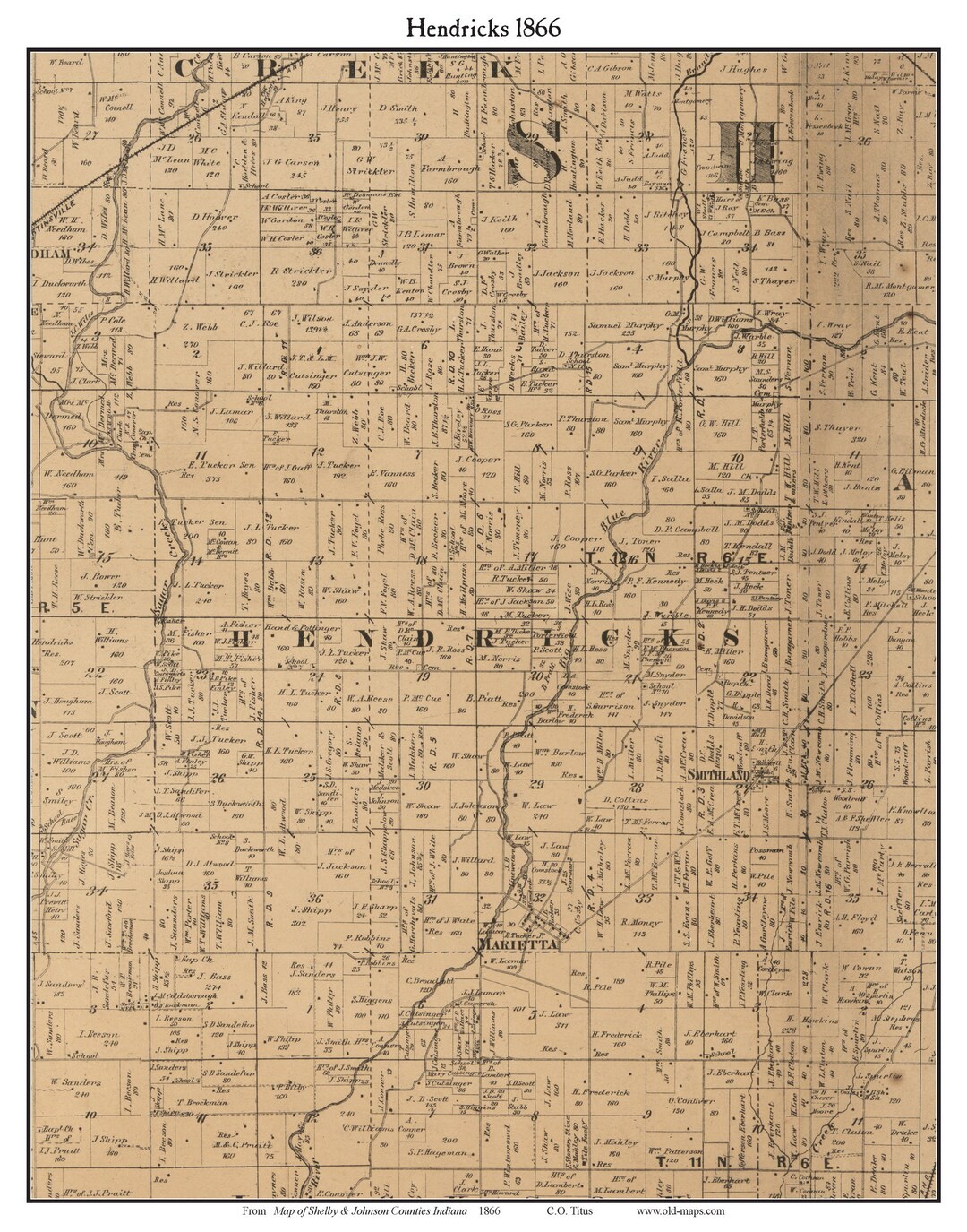 Hendricks 1866 Old Town Map With Homeowner Names Indiana -marietta ...
